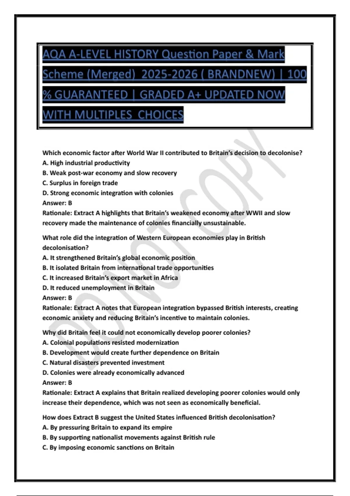 AQA A-LEVEL HISTORY Question Paper & Mark Scheme (Merged) ( BRANDNEW ...