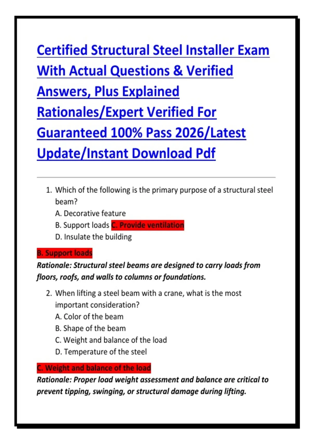 Certified Structural Steel Installer Exam With Actual Questions ...