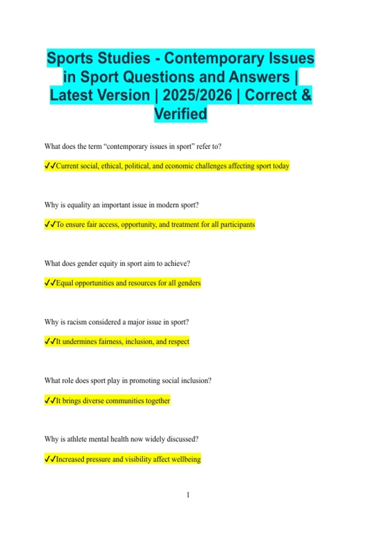 Sports Studies - Contemporary Issues in Sport Questions and Answers ...
