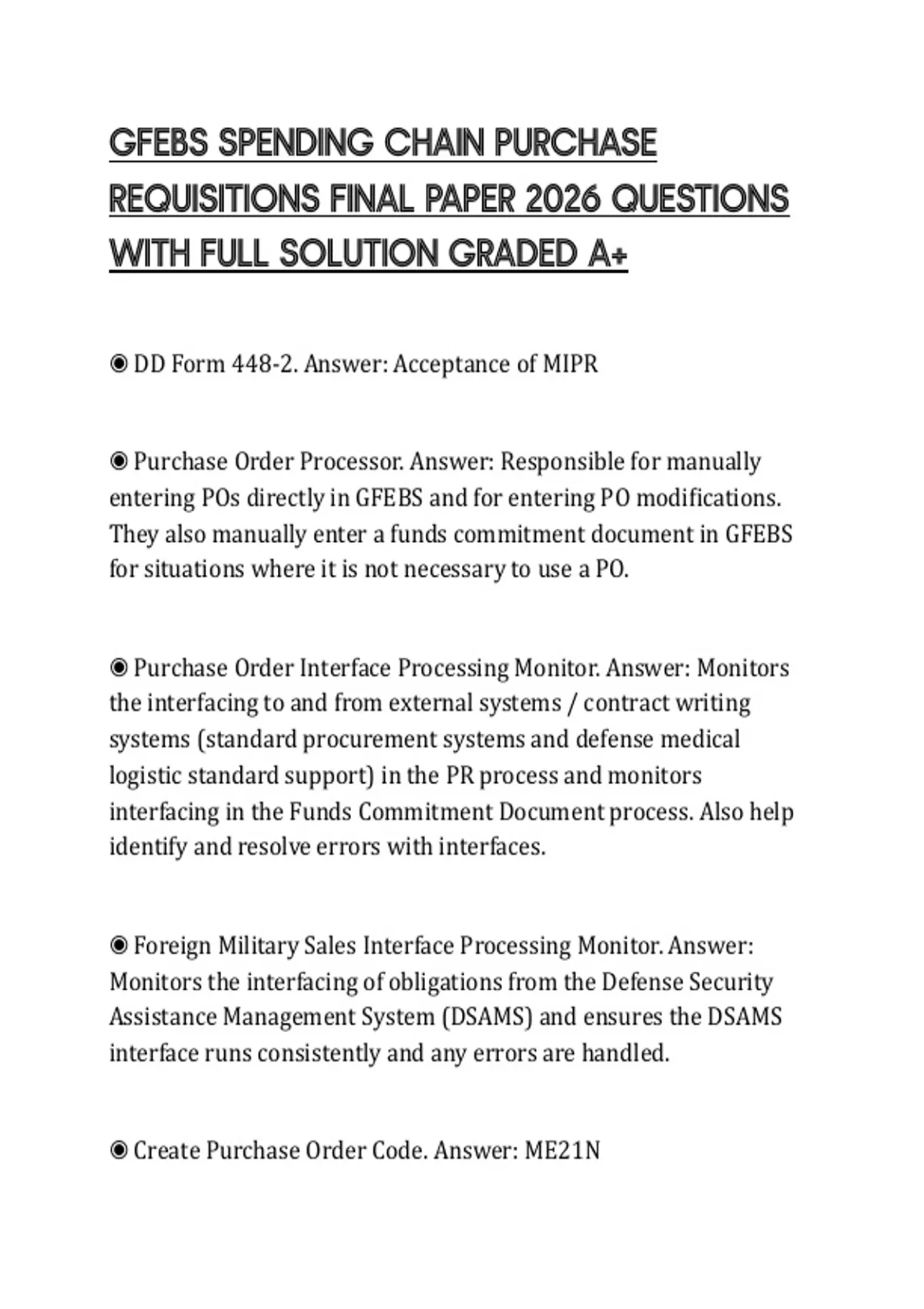 GFEBS SPENDING CHAIN PURCHASE REQUISITIONS FINAL PAPER 2026 QUESTIONS ...