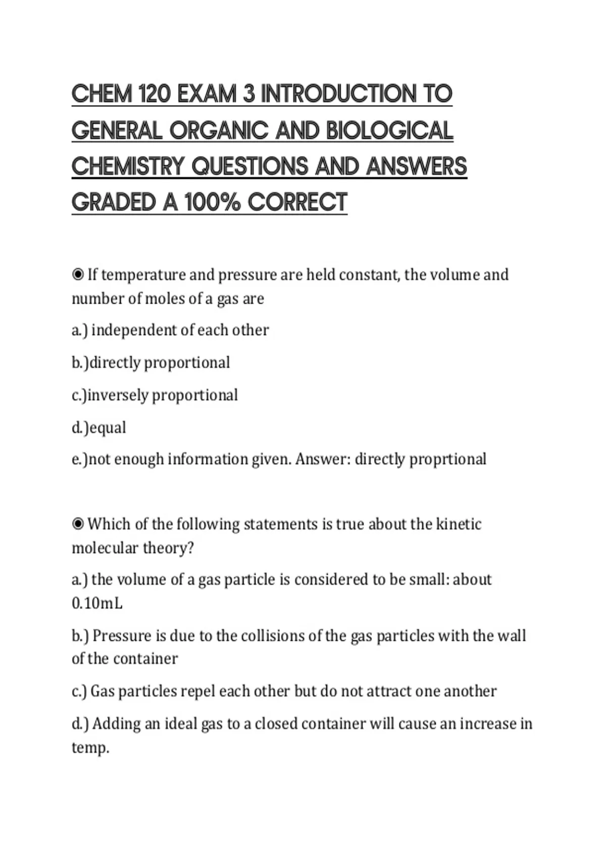 CHEM 120 EXAM 3 INTRODUCTION TO GENERAL ORGANIC AND BIOLOGICAL ...