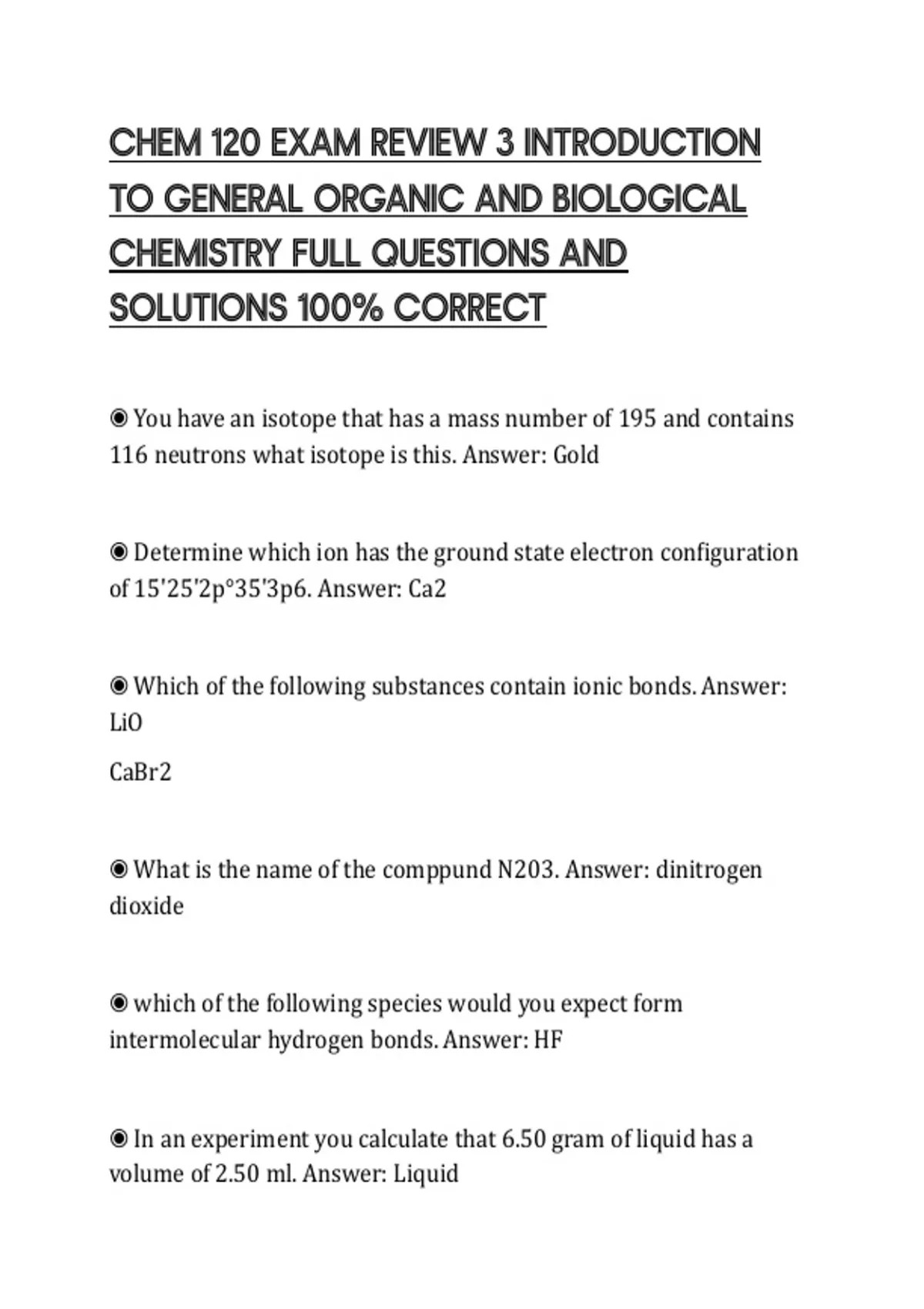 CHEM 120 EXAM REVIEW 3 INTRODUCTION TO GENERAL ORGANIC AND BIOLOGICAL ...