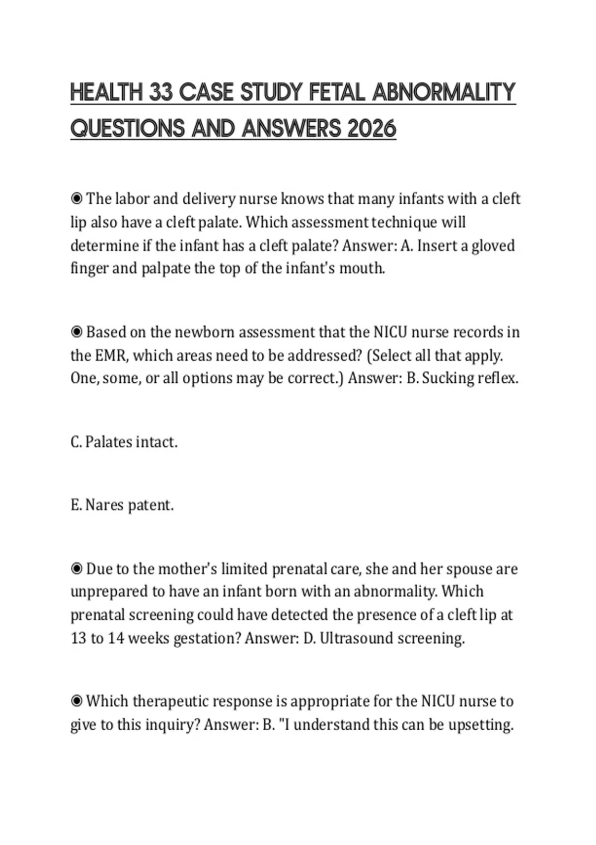 HEALTH 33 CASE STUDY FETAL ABNORMALITY QUESTIONS AND ANSWERS 2026 ...