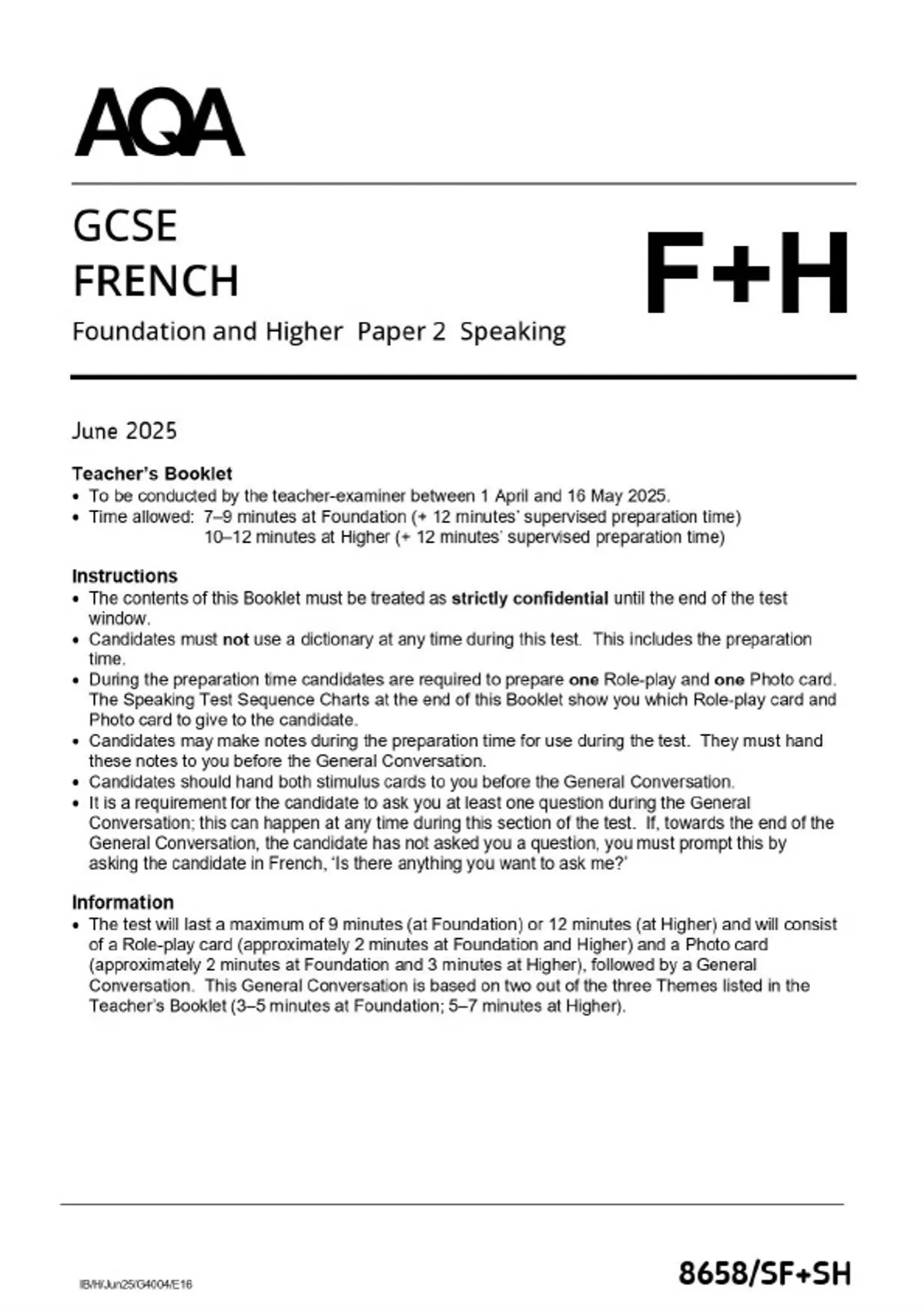 GCSE AQA 2025 FRENCH FOUNDATION AND HIGHER TIER PAPER 2 SPEAKING 8658 ...