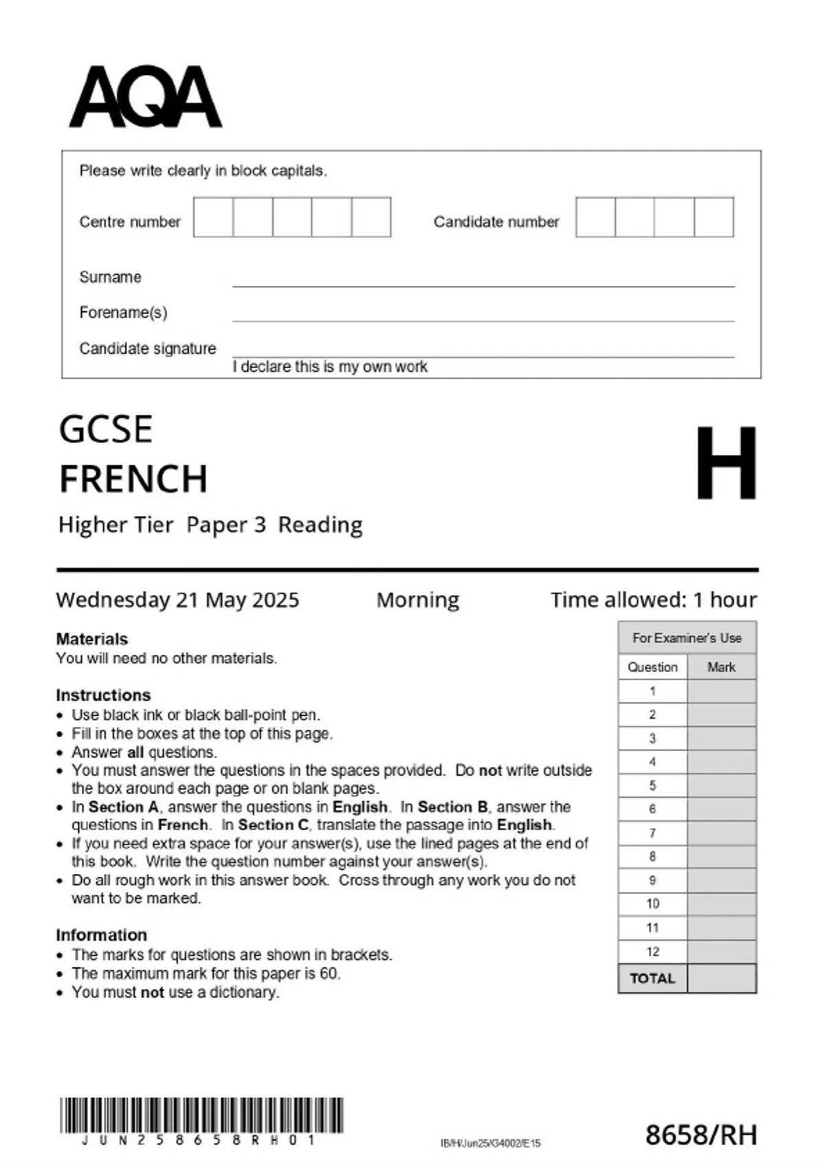 GCSE AQA 2025 FRENCH HIGHER TIER PAPER 3 READING 8658/RH QUESTION PAPER ...