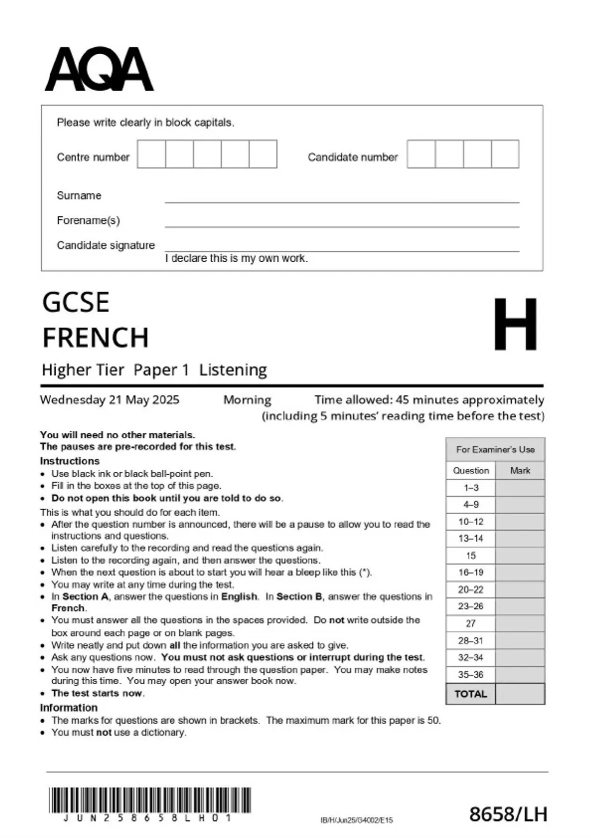 GCSE AQA 2025 FRENCH HIGHER TIER PAPER 1 LISTENING 8658/LH QUESTION ...