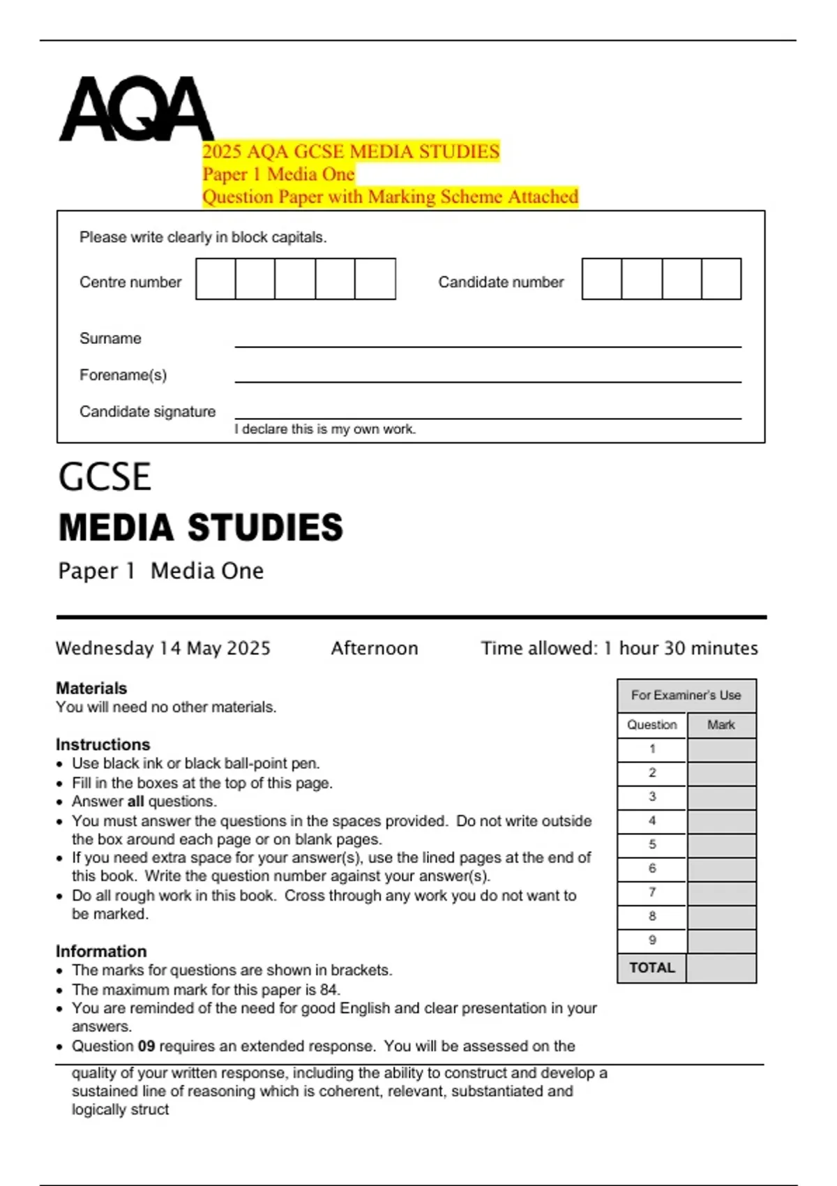 2025 AQA GCSE MEDIA STUDIES Paper 1 Media One Question Paper with ...