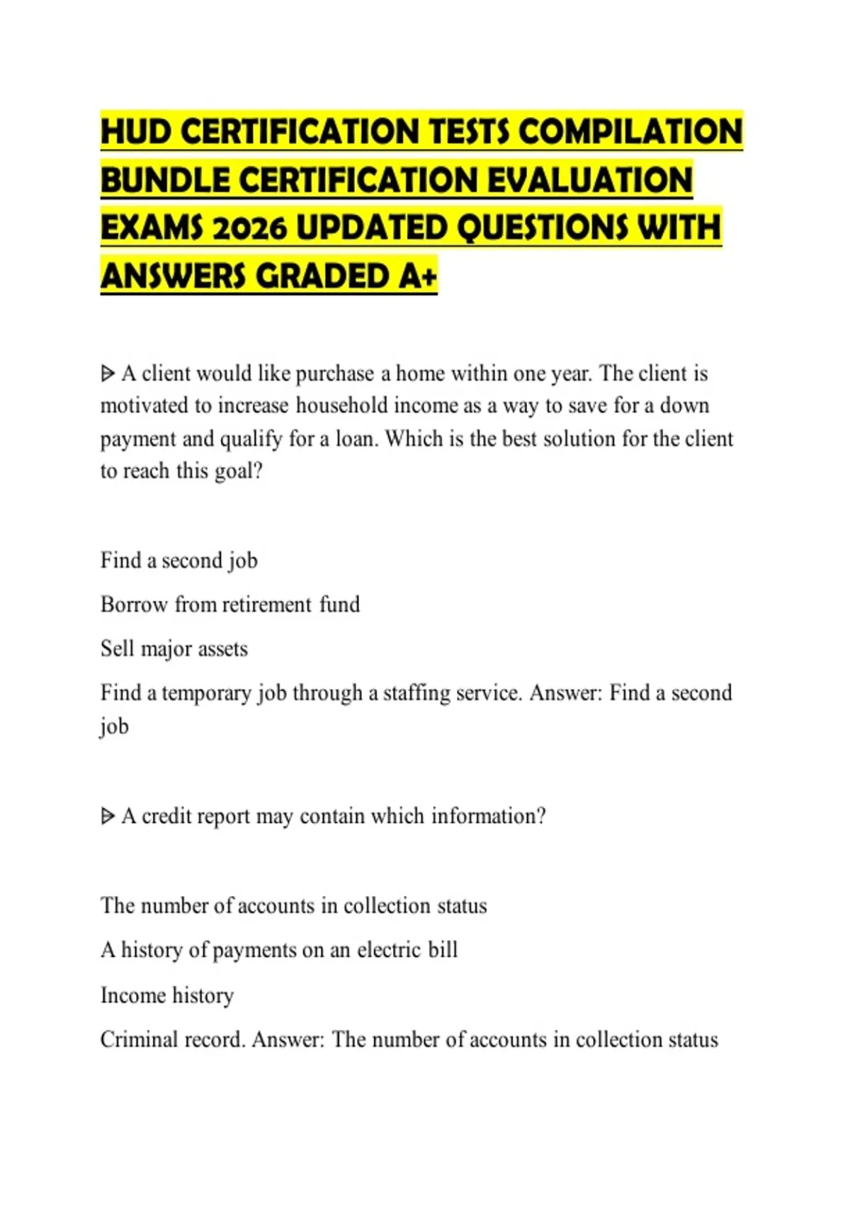 HUD CERTIFICATION TESTS COMPILATION BUNDLE CERTIFICATION EVALUATION ...