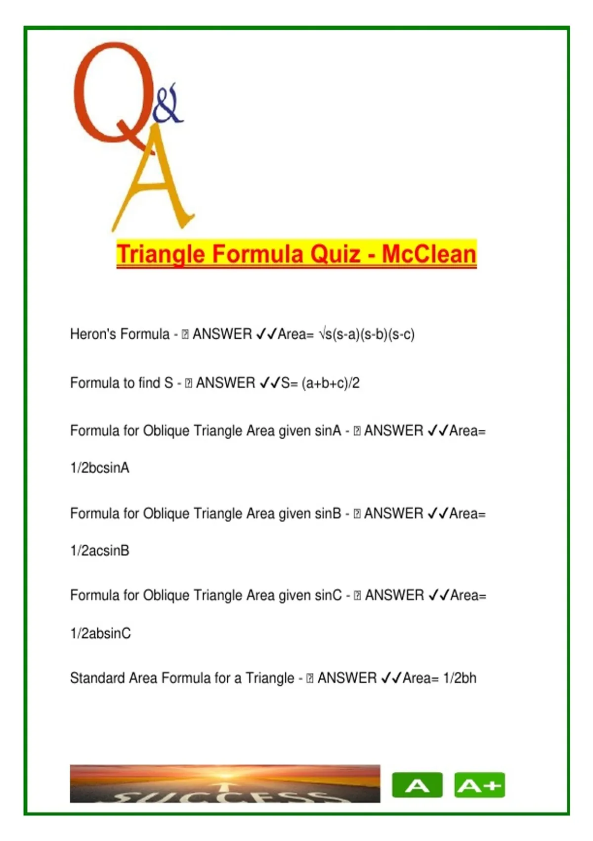 Triangle Formula Quiz (20+ Q&A) – MATH 2026 – Law of Sines & Cosines ...