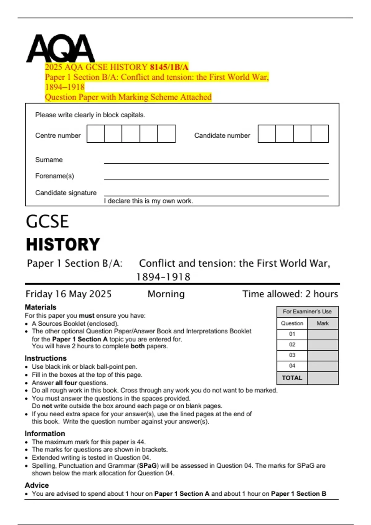 2025 AQA GCSE HISTORY 8145/1B/A Paper 1 Section B/A: Conflict and ...