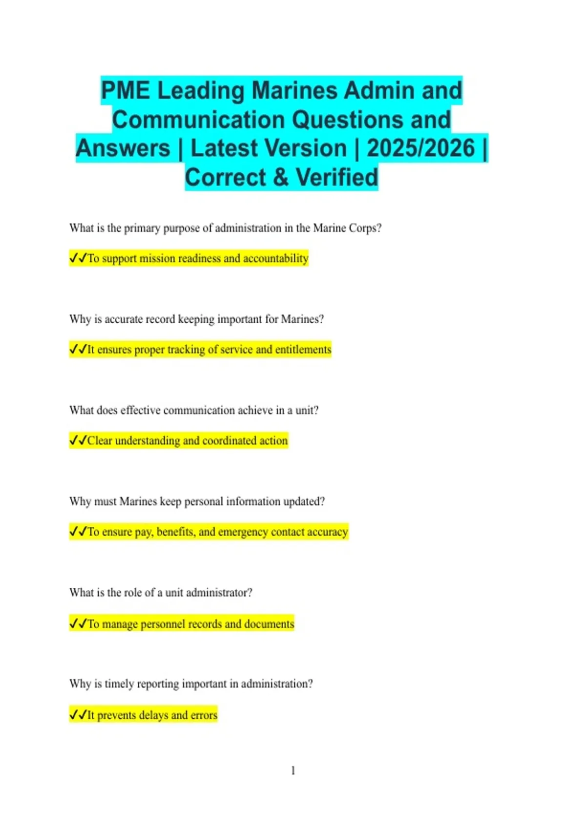 PME Leading Marines Admin and Communication Questions and Answers ...