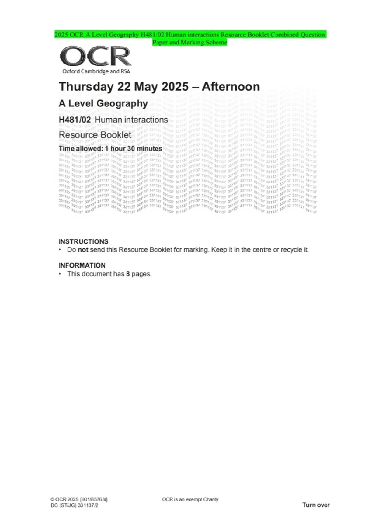 2025 OCR A Level Geography H481/02 Human interactions Resource Booklet ...