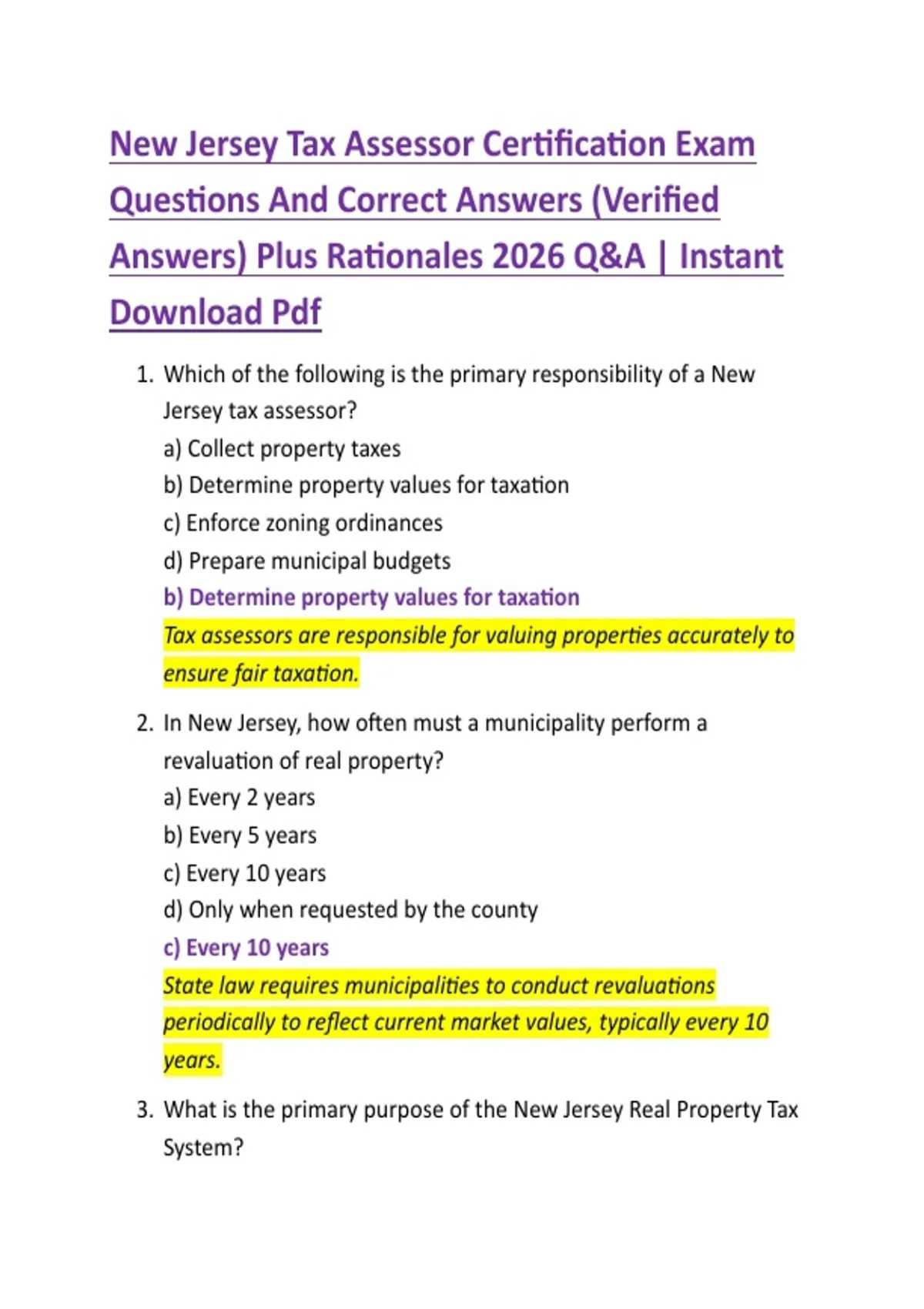 New Jersey Tax Assessor Certification Exam Questions And Correct ...