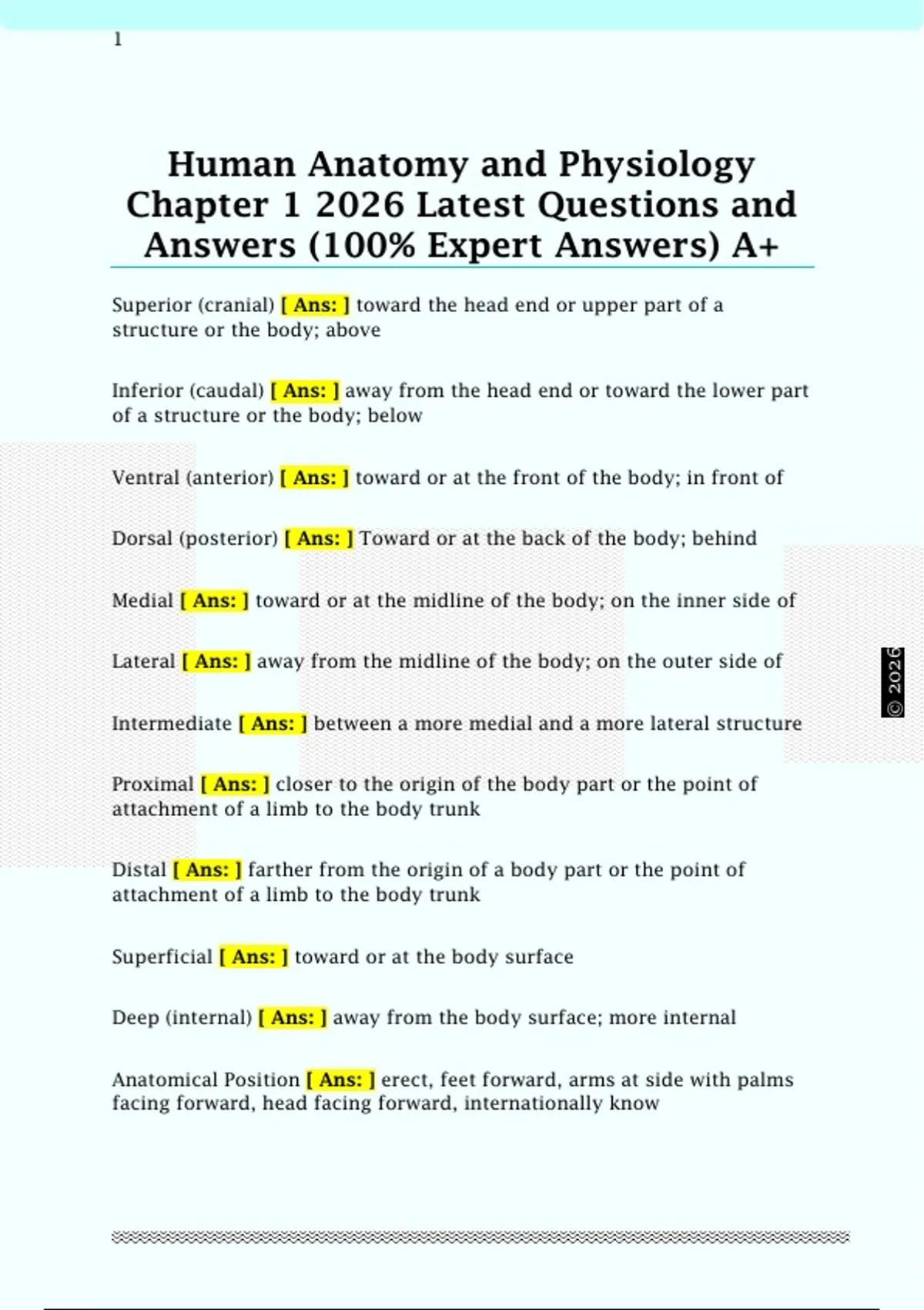 Human Anatomy and Physiology Chapter 1 2026 Latest Questions and ...