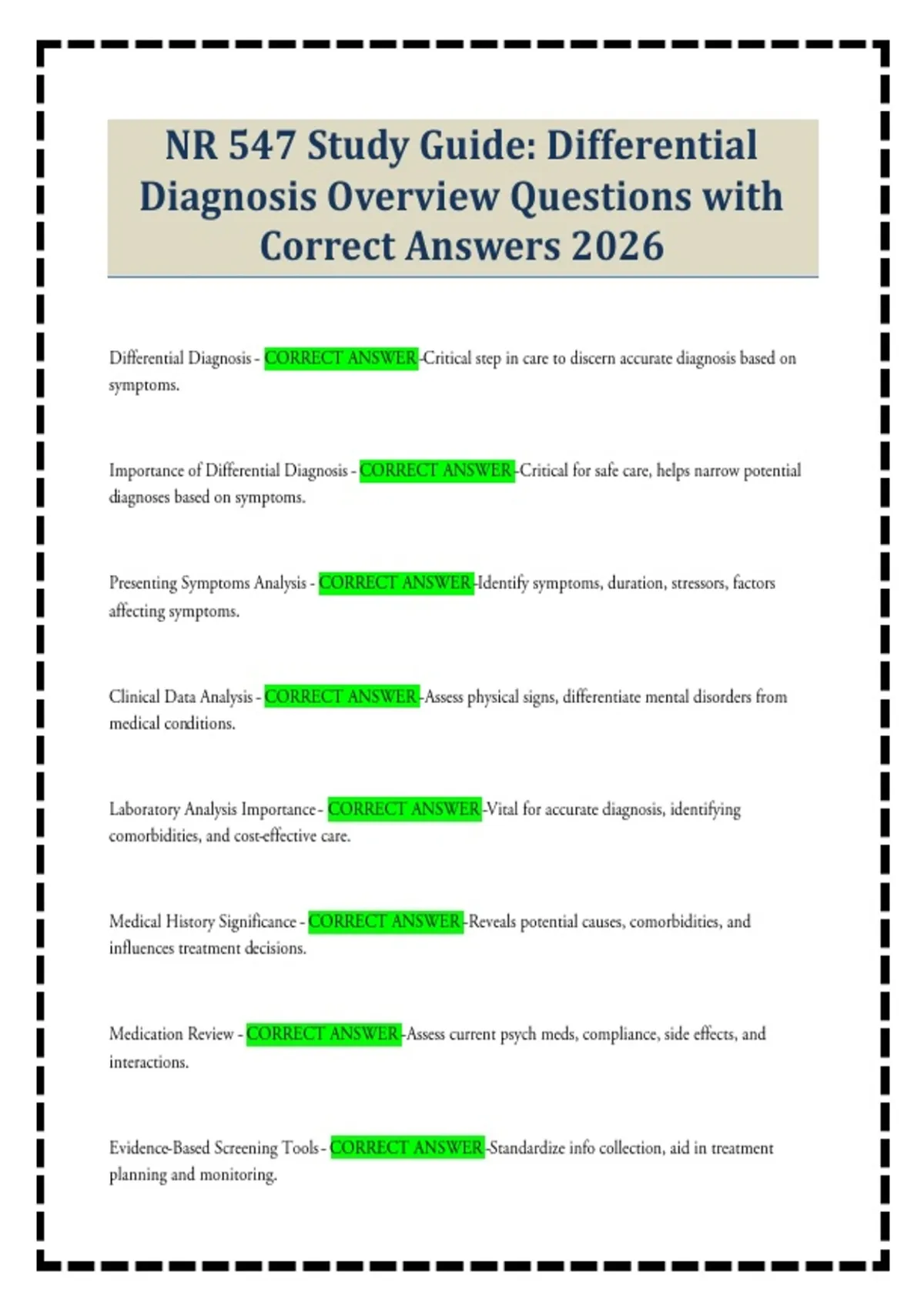 NR 547 Study Guide: Differential Diagnosis Overview Questions with ...
