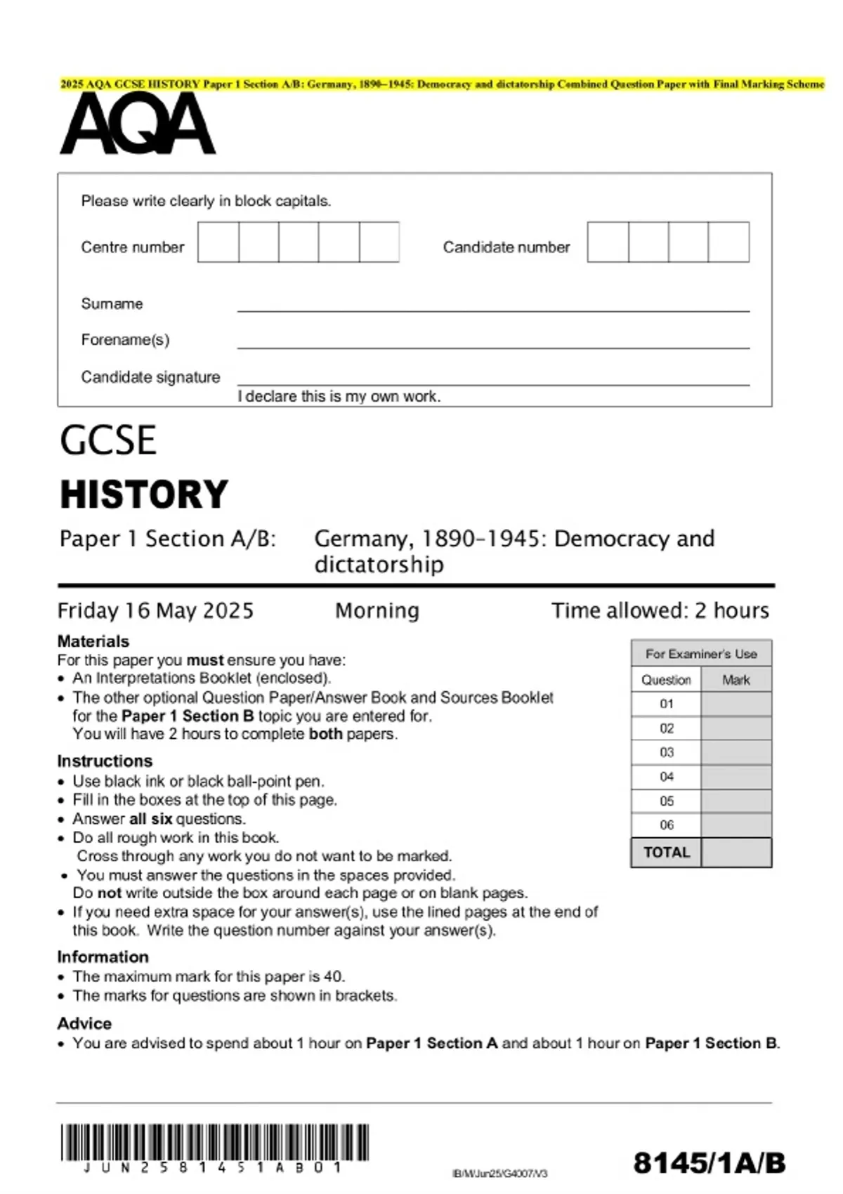 2025 AQA GCSE HISTORY Paper 1 Section A/B: Germany, 1890–1945 ...