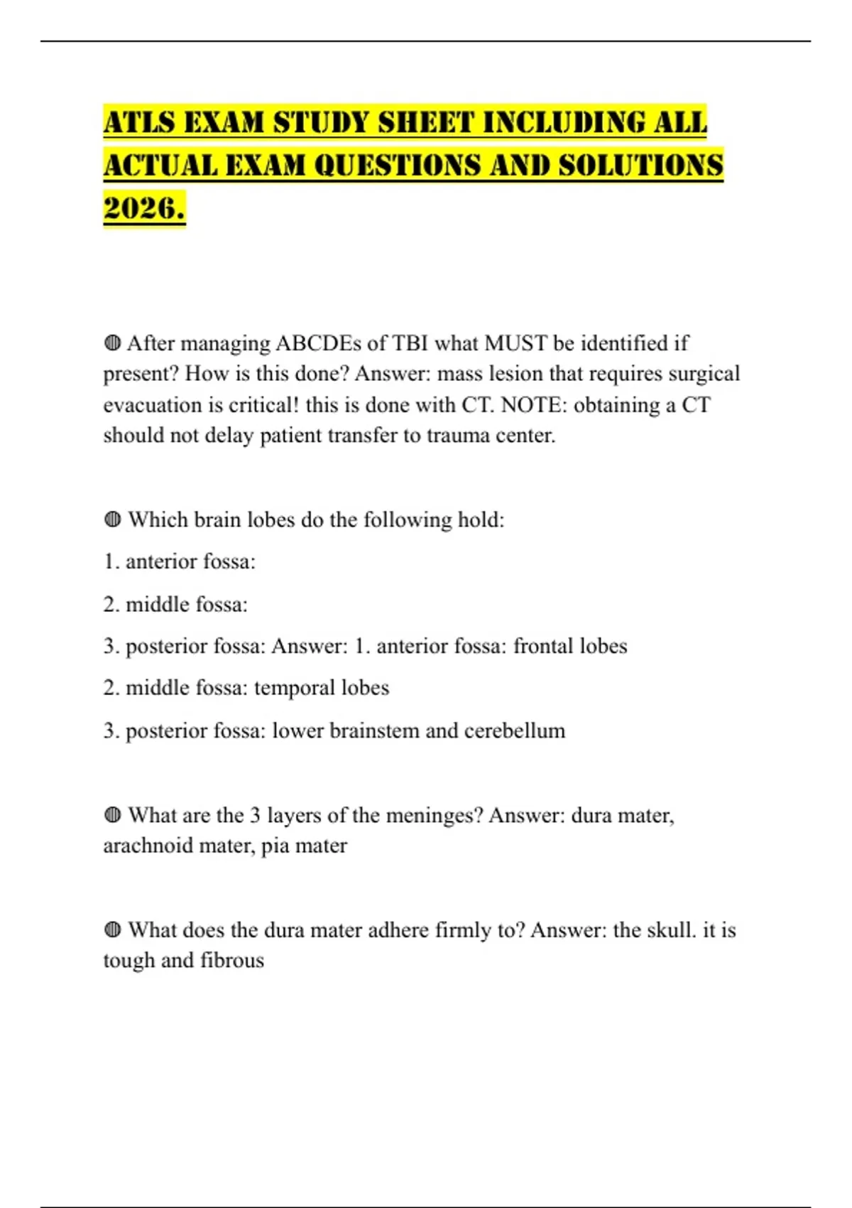 ATLS EXAM STUDY SHEET INCLUDING ALL ACTUAL EXAM QUESTIONS AND SOLUTIONS ...