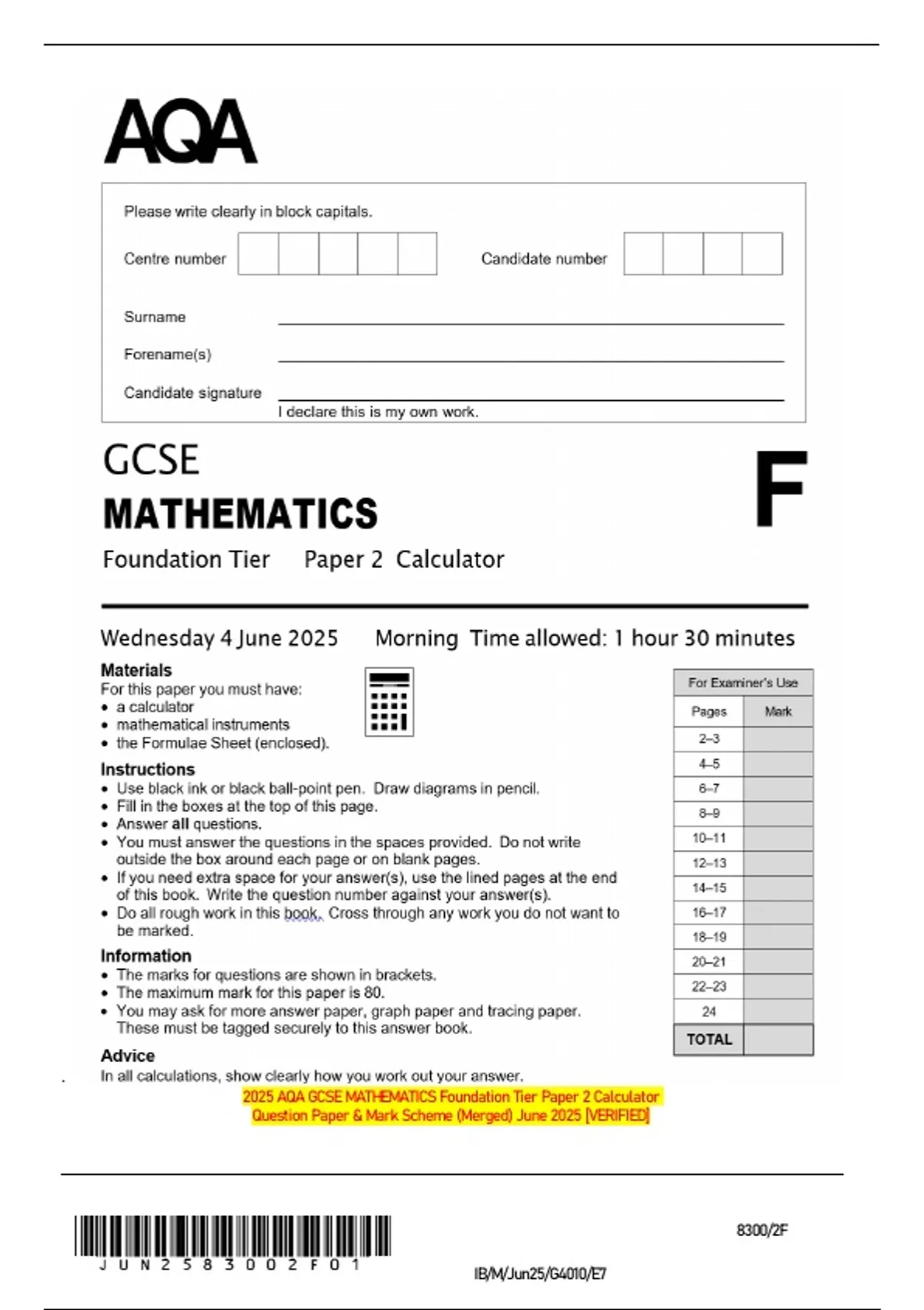 2025 AQA GCSE MATHEMATICS Foundation Tier Paper 2 Calculator Question ...