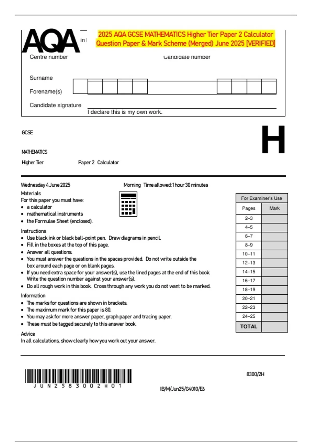 2025 AQA GCSE MATHEMATICS Higher Tier Paper 2 Calculator Question Paper ...