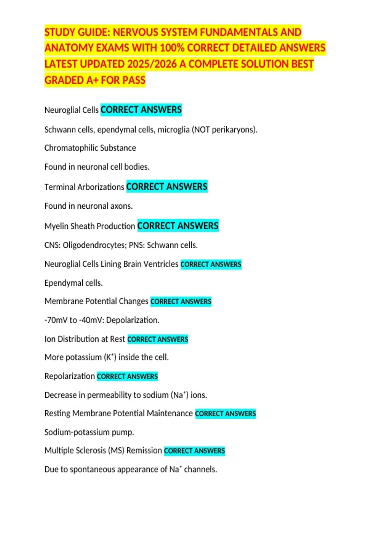STUDY GUIDE: NERVOUS SYSTEM FUNDAMENTALS AND ANATOMY EXAMS WITH 100% ...
