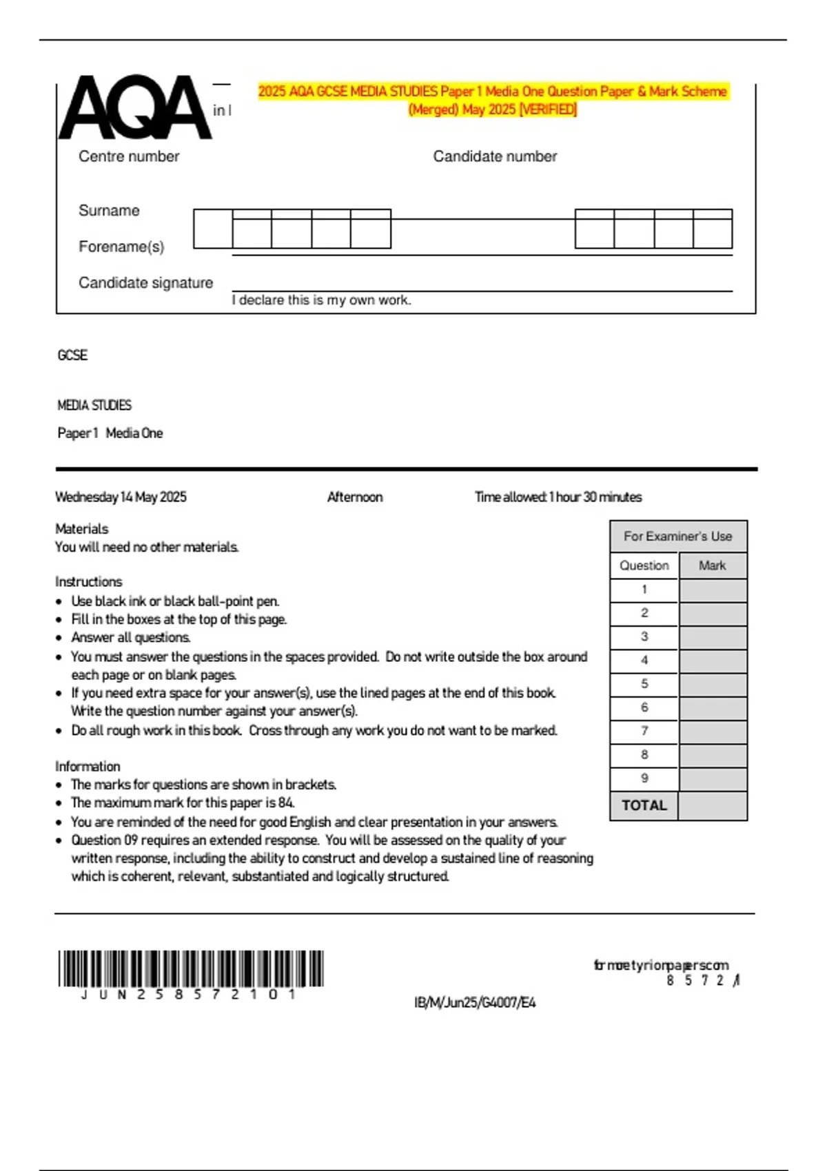 2025 AQA GCSE MEDIA STUDIES Paper 1 Media One Question Paper & Mark ...