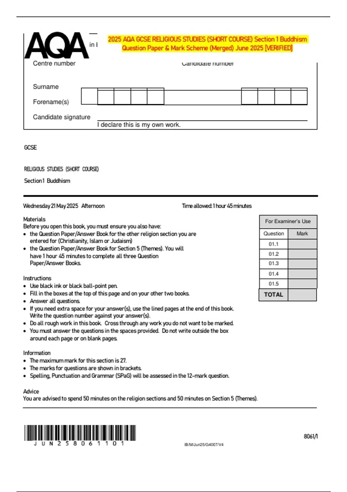 2025 AQA GCSE RELIGIOUS STUDIES (SHORT COURSE) Section 1 Buddhism ...