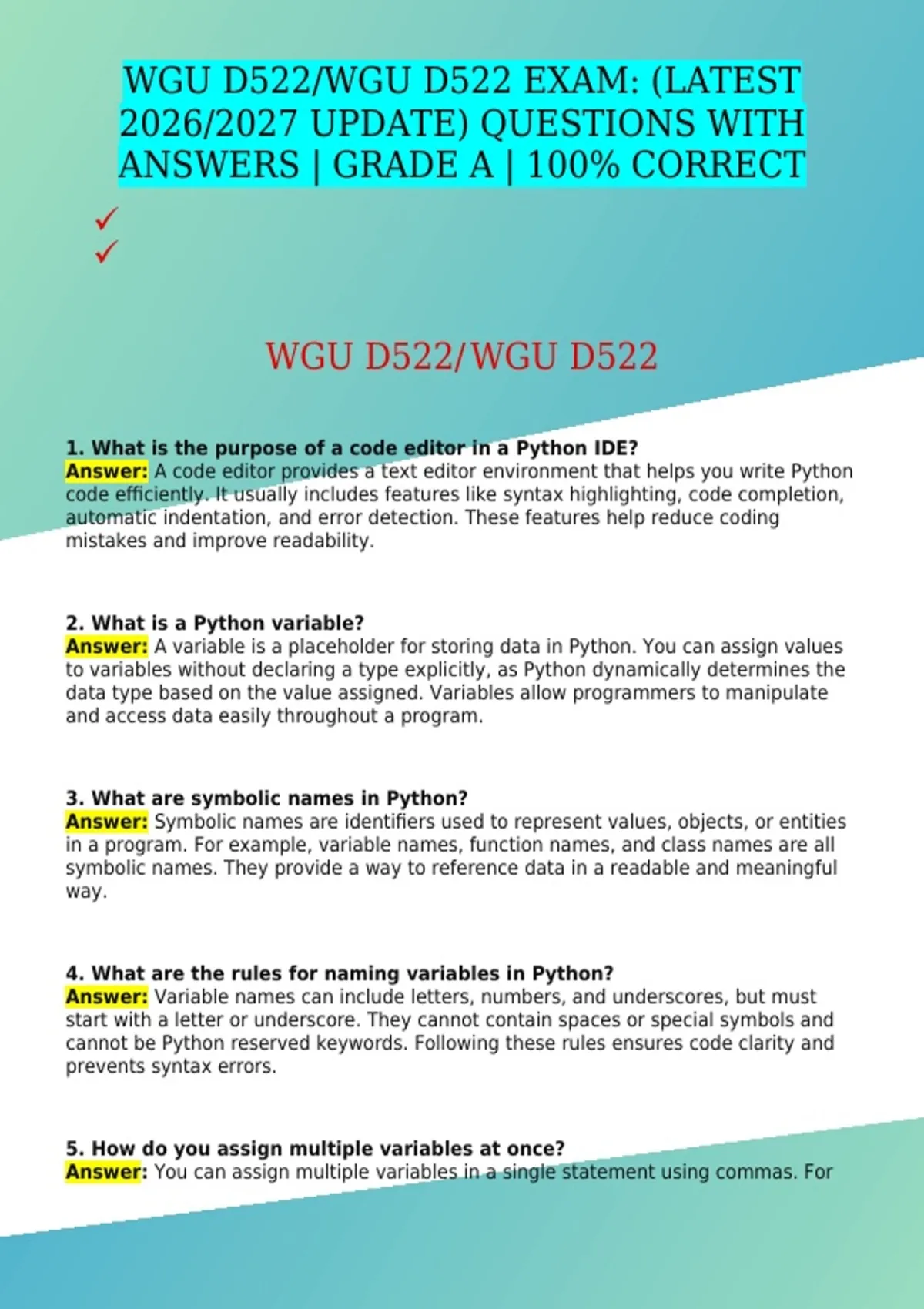 WGU D522/WGU D522 EXAM: (LATEST 2026/2027 UPDATE) QUESTIONS WITH ...