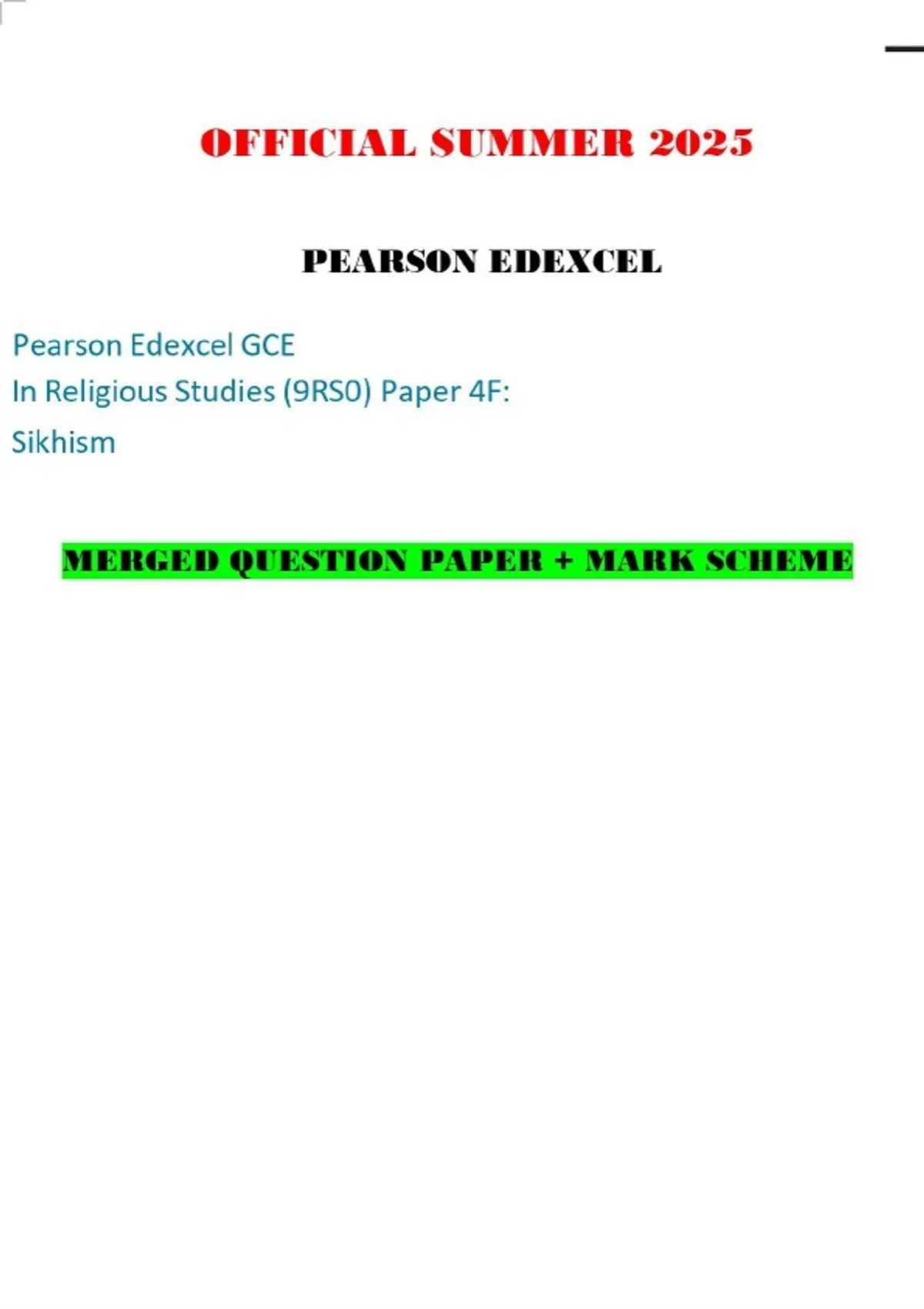 OFFICIAL SUMMER 2025 PEARSON EDEXCEL Pearson Edexcel GCE In Religious ...