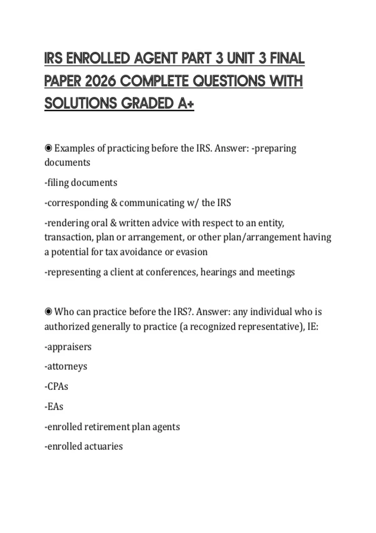 IRS ENROLLED AGENT PART 3 UNIT 3 FINAL PAPER 2026 COMPLETE QUESTIONS ...