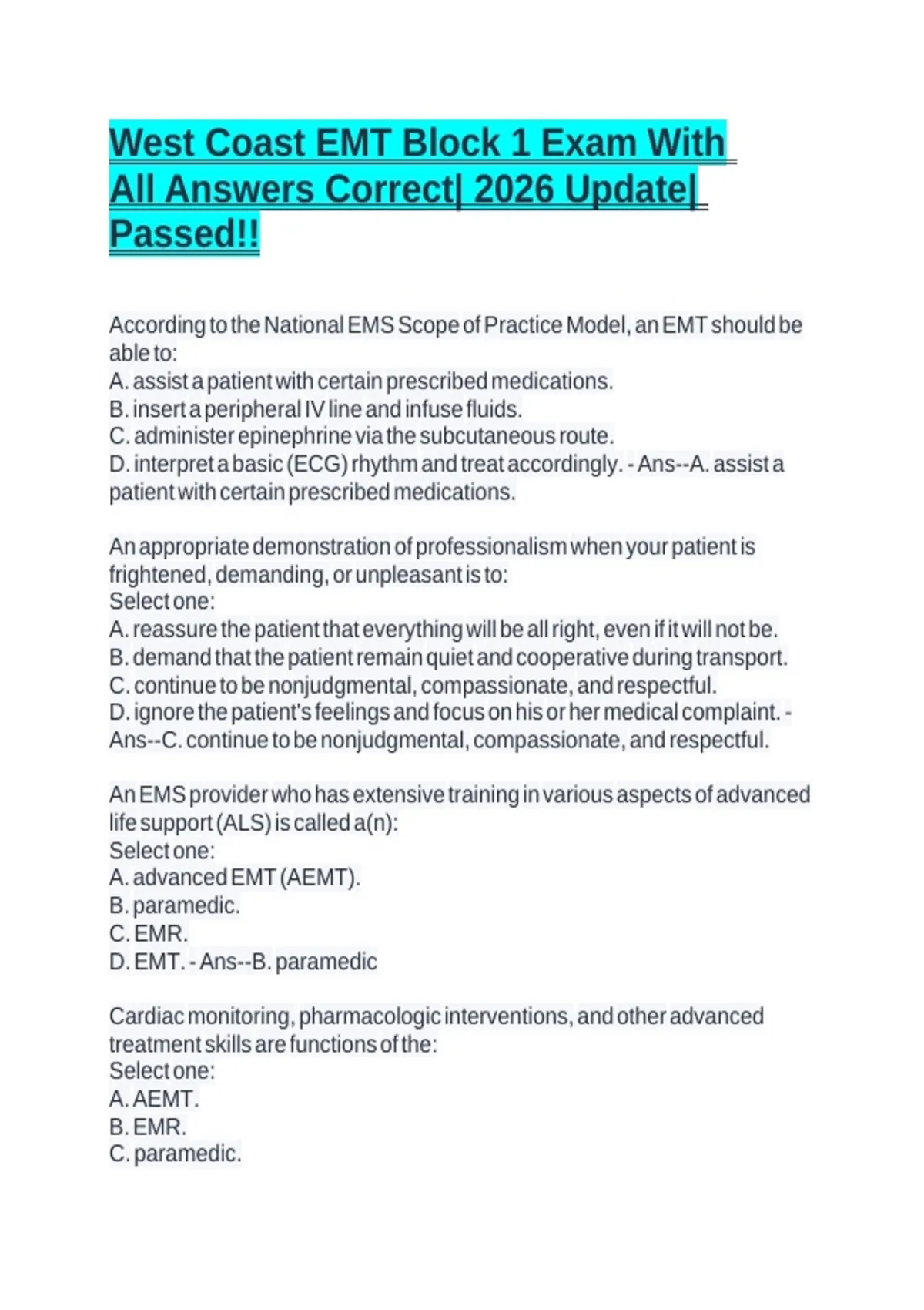 West Coast EMT Block 1 Exam With All Answers Correct| 2026 Update ...