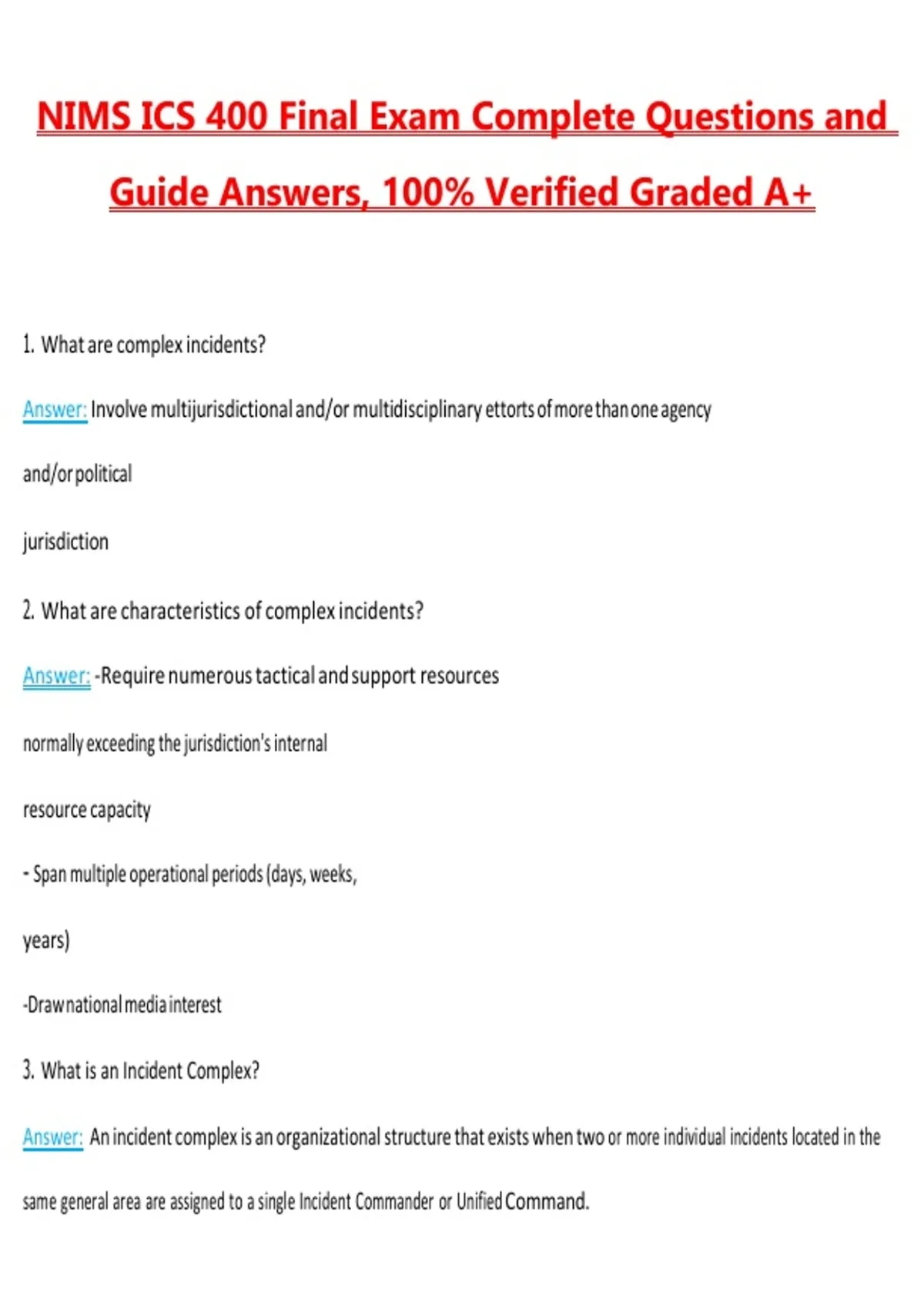 NIMS ICS 400 Final Exam 2026 | Questions with 100% Correct Answers ...