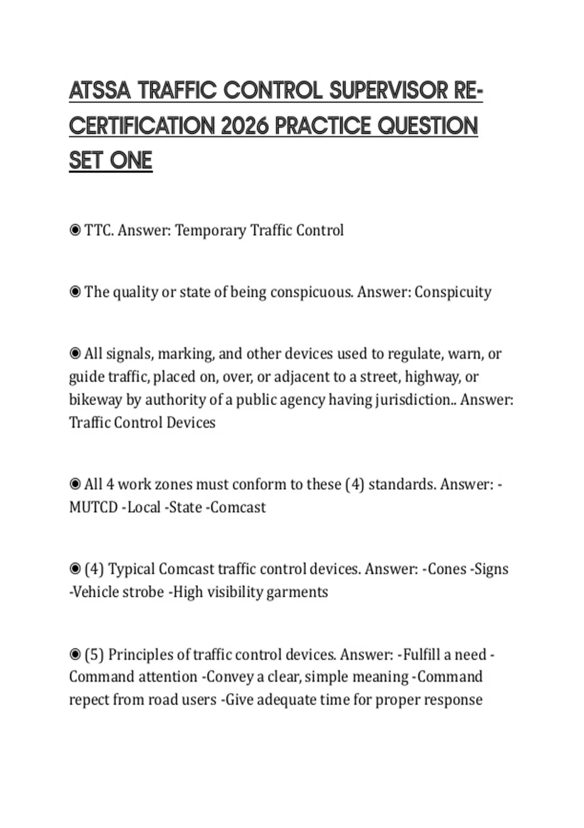 ATSSA TRAFFIC CONTROL SUPERVISOR RECERTIFICATION 2026 PRACTICE QUESTION ...