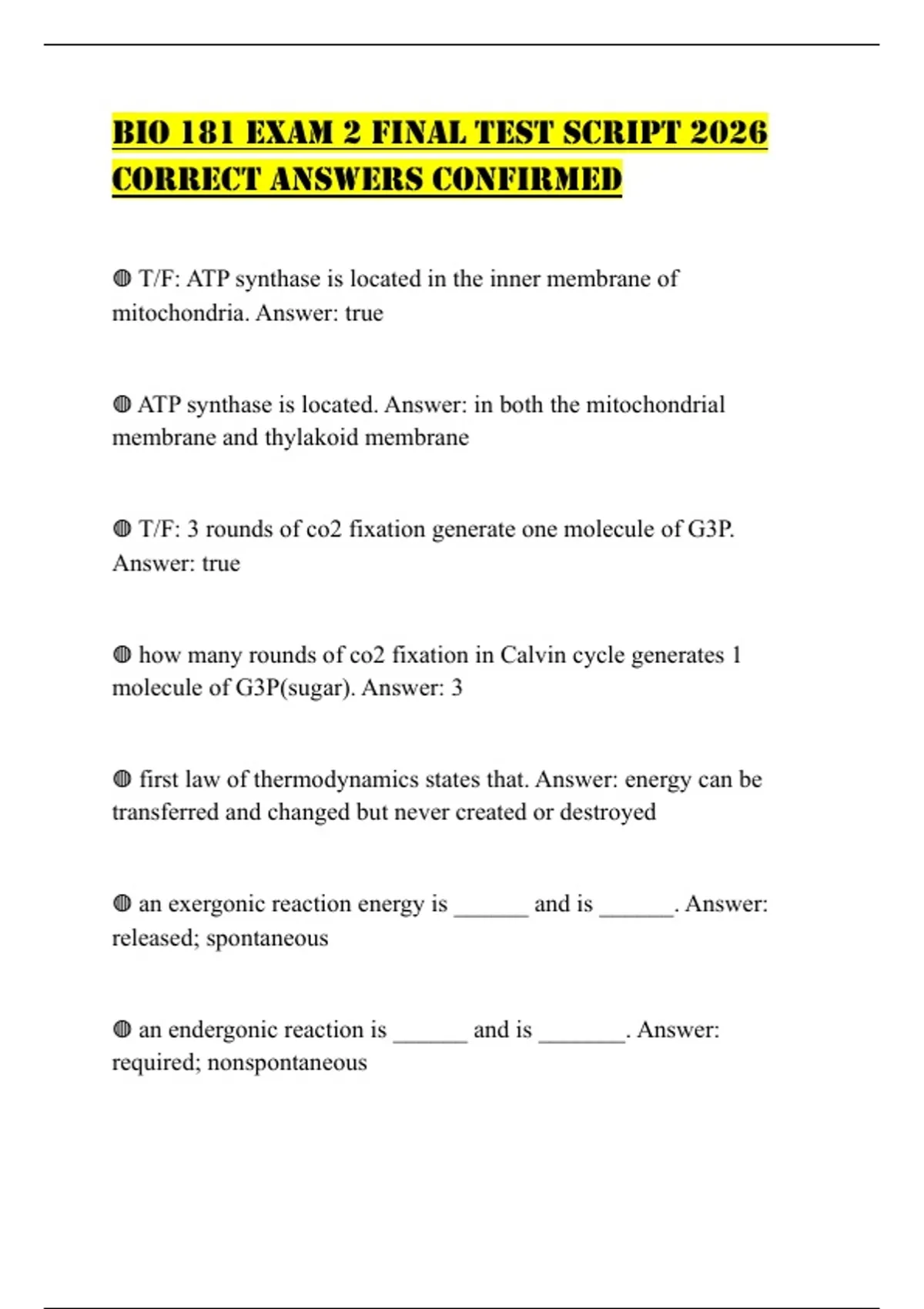 BIO 181 EXAM 2 FINAL TEST SCRIPT 2026 CORRECT ANSWERS CONFIRMED - BIO ...