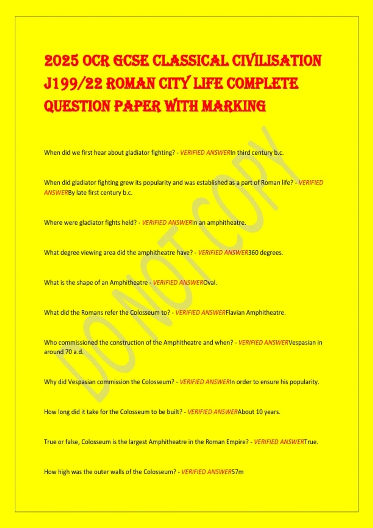 2025 OCR GCSE Classical Civilisation J199/22 Roman City Life Complete ...