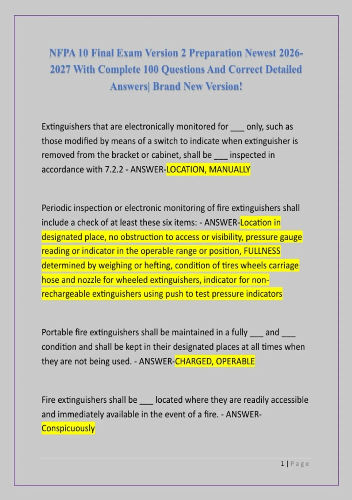 NFPA 10 Final Exam Version 2 Preparation Newest With Complete 100 ...