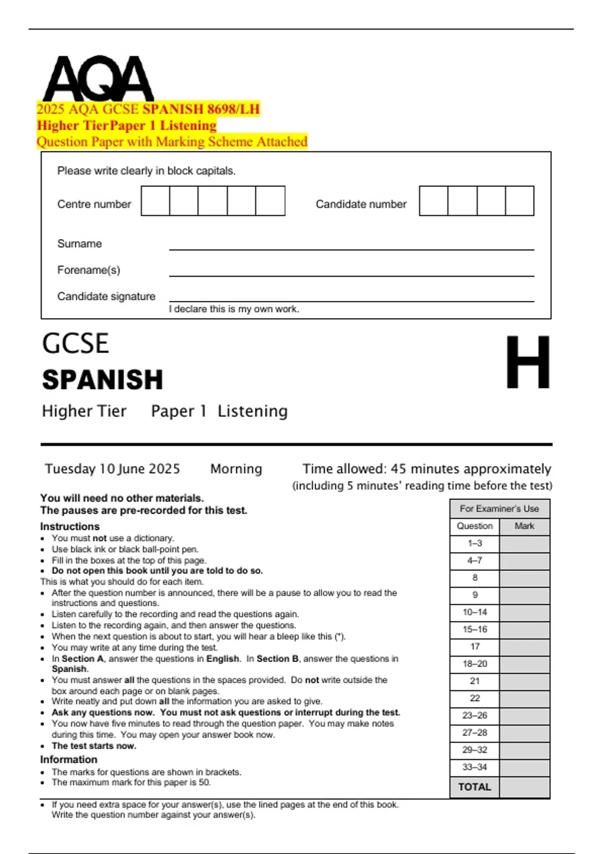 2025 AQA GCSE SPANISH 8698/LH Higher Tier Paper 1 Listening Question ...