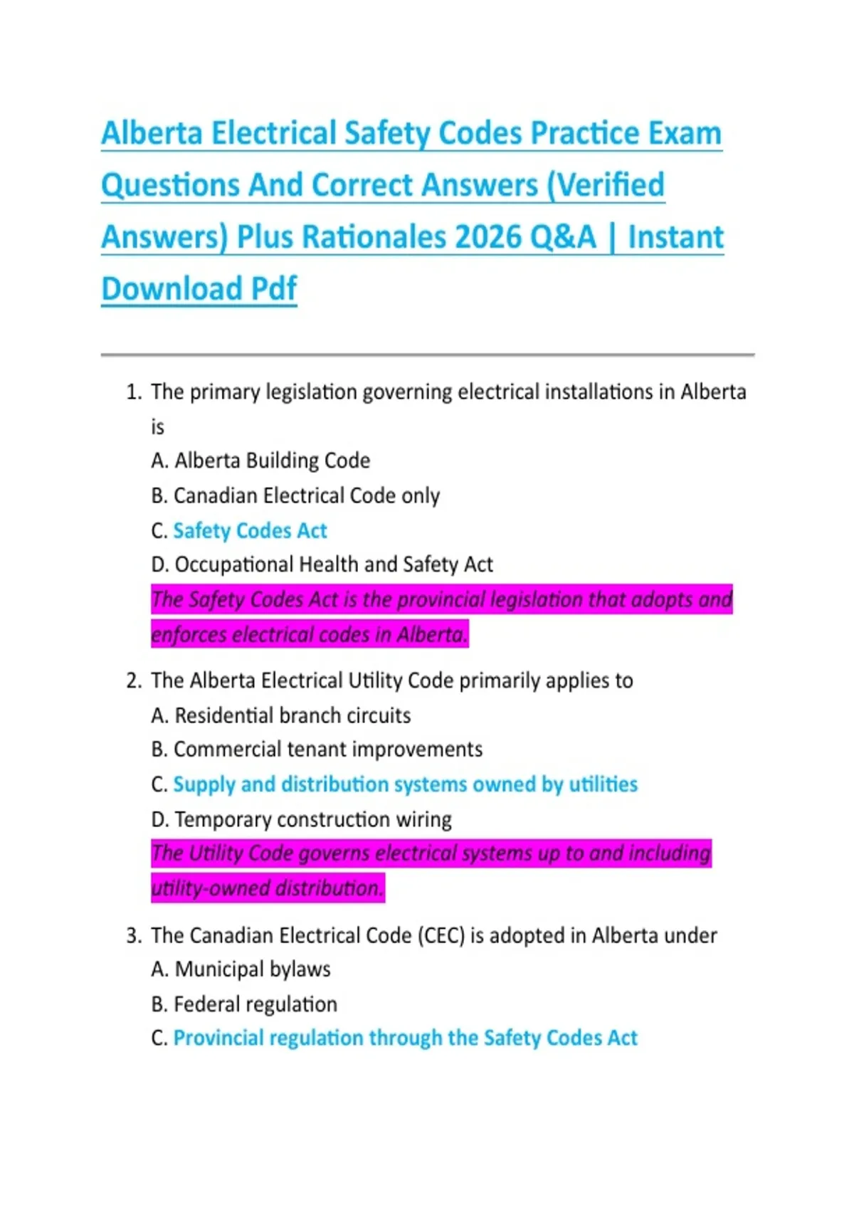 Alberta Electrical Safety Codes Practice Exam Questions And Correct ...