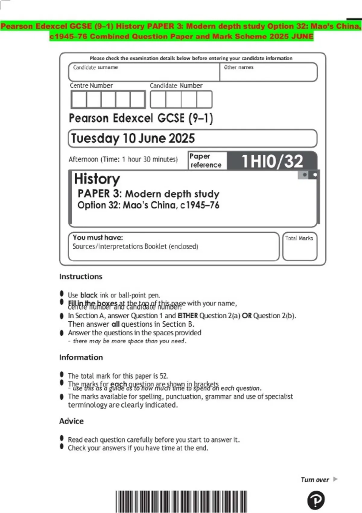 Pearson Edexcel GCSE (9–1) History PAPER 3: Modern depth study Option ...