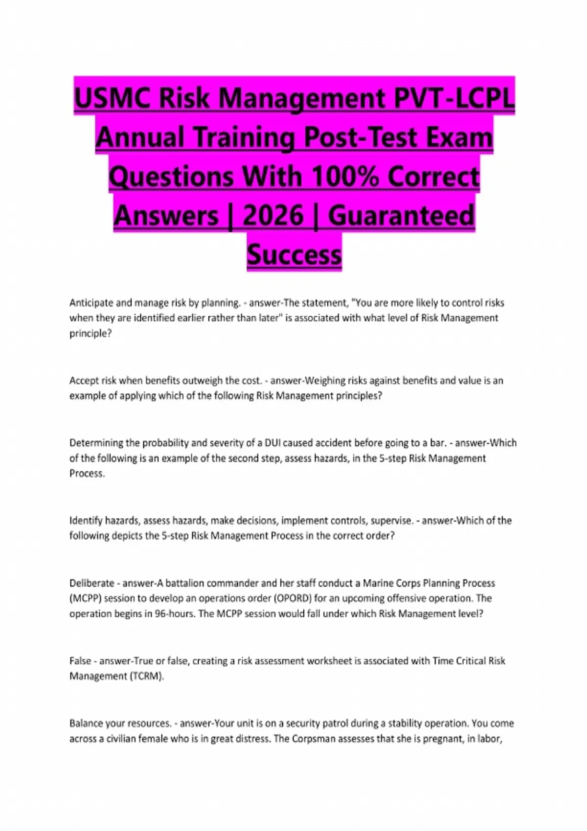 USMC Risk Management PVT-LCPL Annual Training Post-Test Exam Questions ...