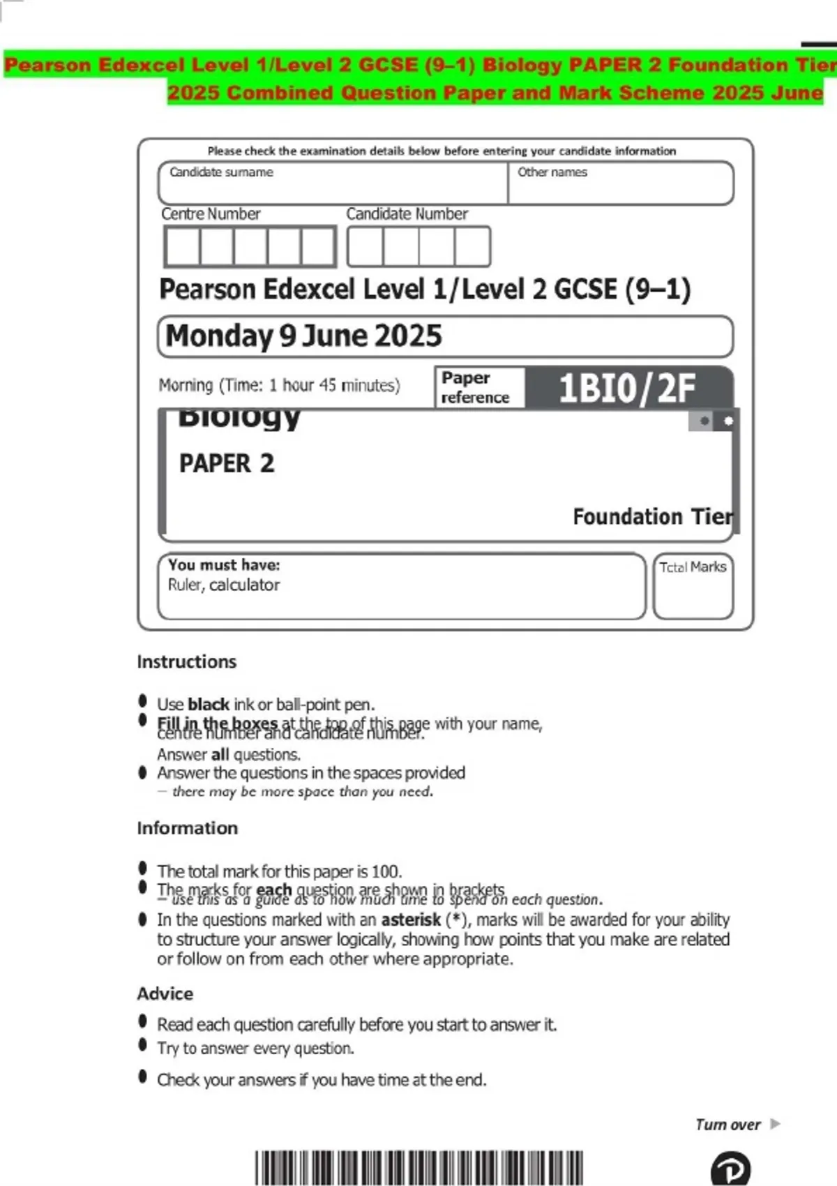 Pearson Edexcel Level 1/Level 2 GCSE (9–1) Biology PAPER 2 Foundation ...