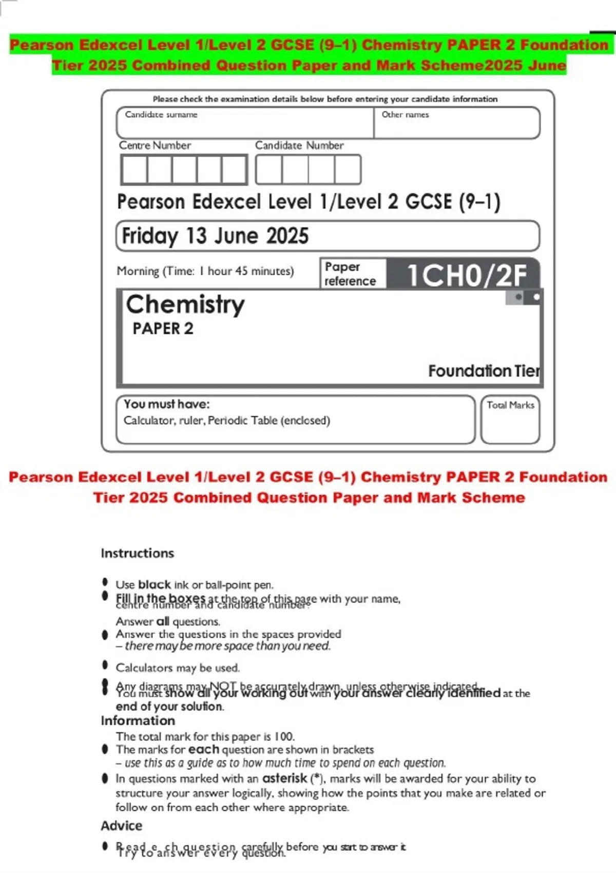Pearson Edexcel Level 1/Level 2 GCSE (9–1) Chemistry PAPER 2 Foundation ...