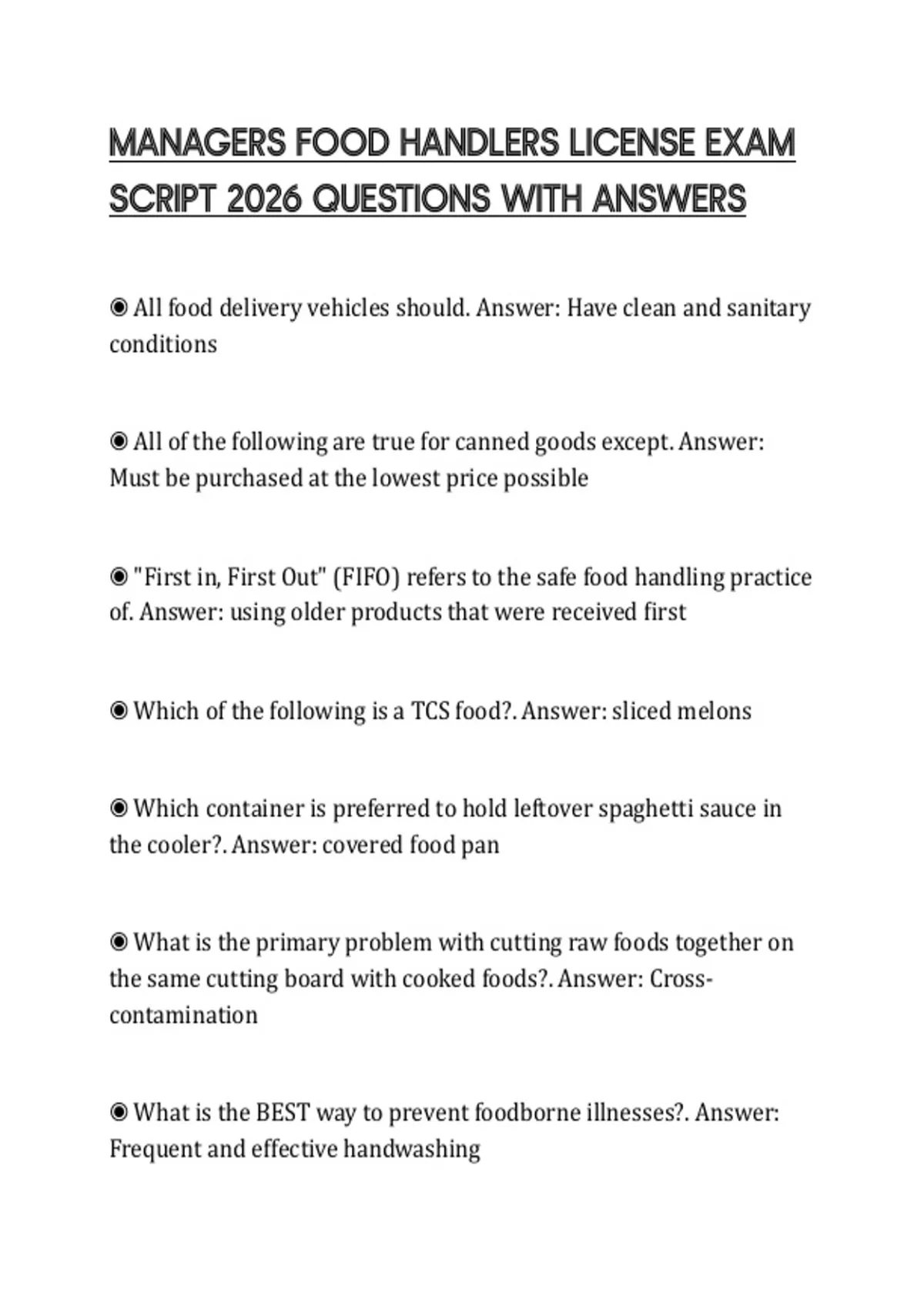 MANAGERS FOOD HANDLERS LICENSE EXAM SCRIPT 2026 QUESTIONS WITH ANSWERS ...