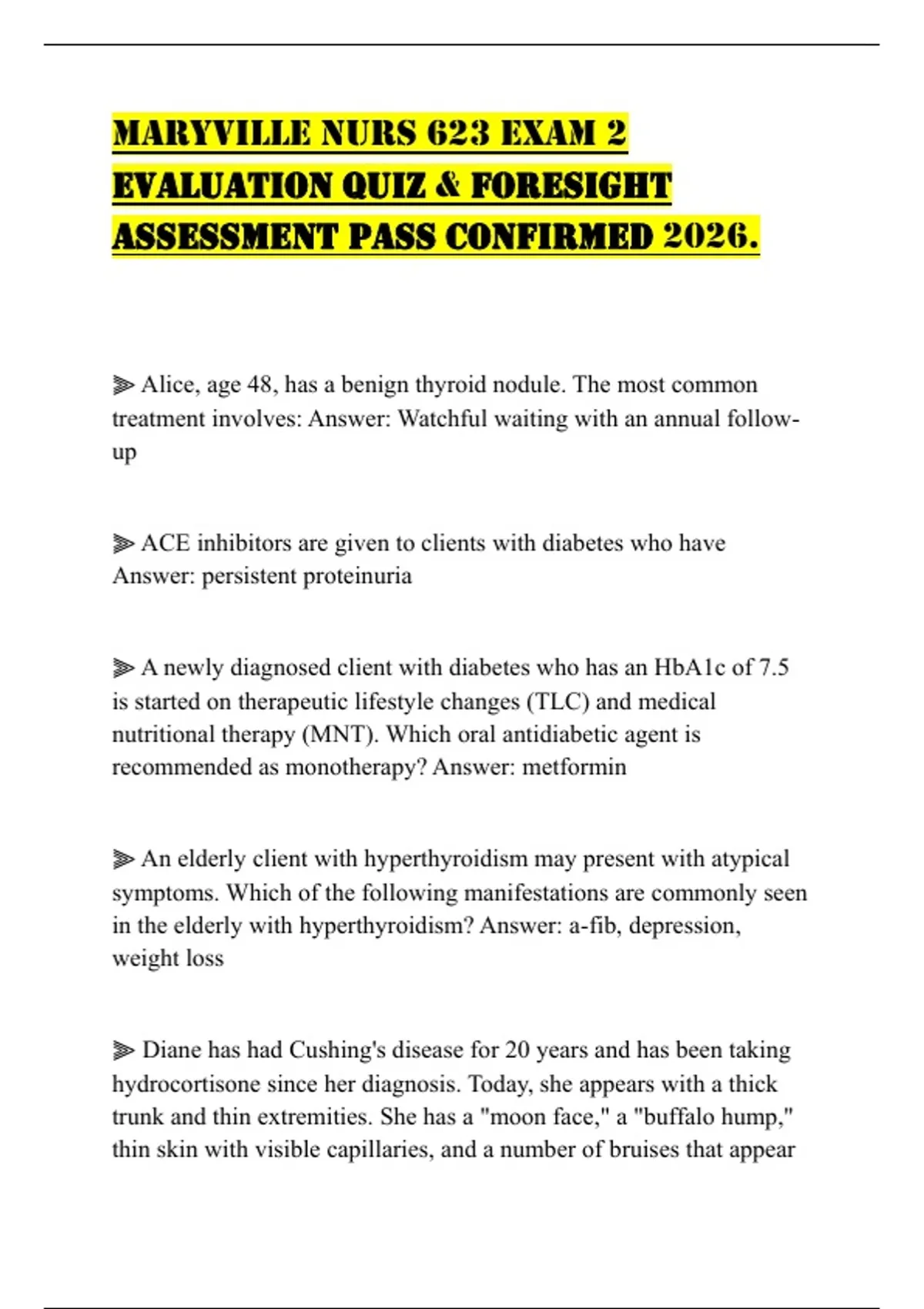 MARYVILLE NURS 623 EXAM 2 EVALUATION QUIZ & FORESIGHT ASSESSMENT PASS ...