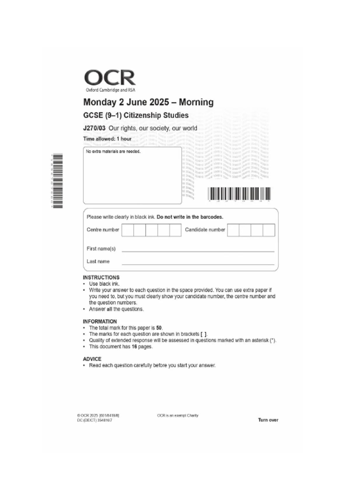 OCR Citizenship J270/03: Sample Paper & Answers (Complete QP & MS)2025 ...