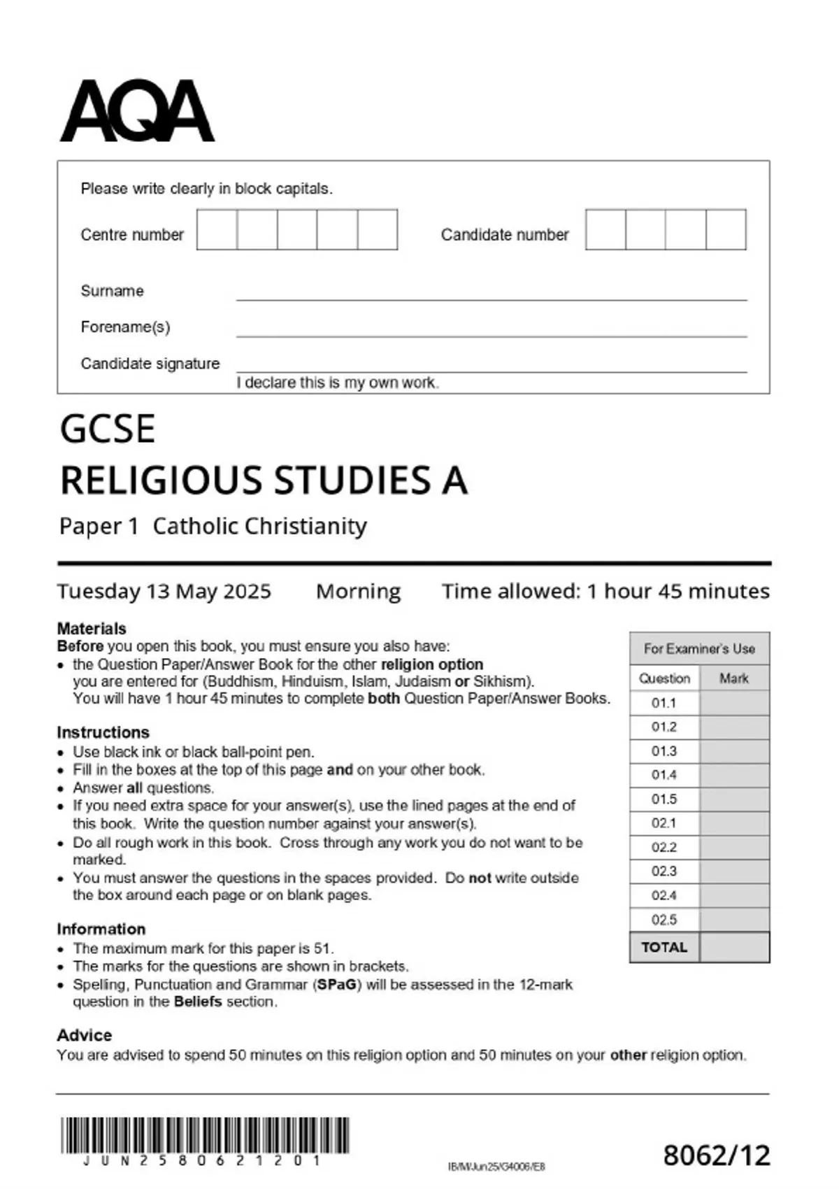 2025 AQA GCSE RELIGIOUS STUDIES A 8062/12 PAPER 1 CATHOLIC CHRISTIANITY ...
