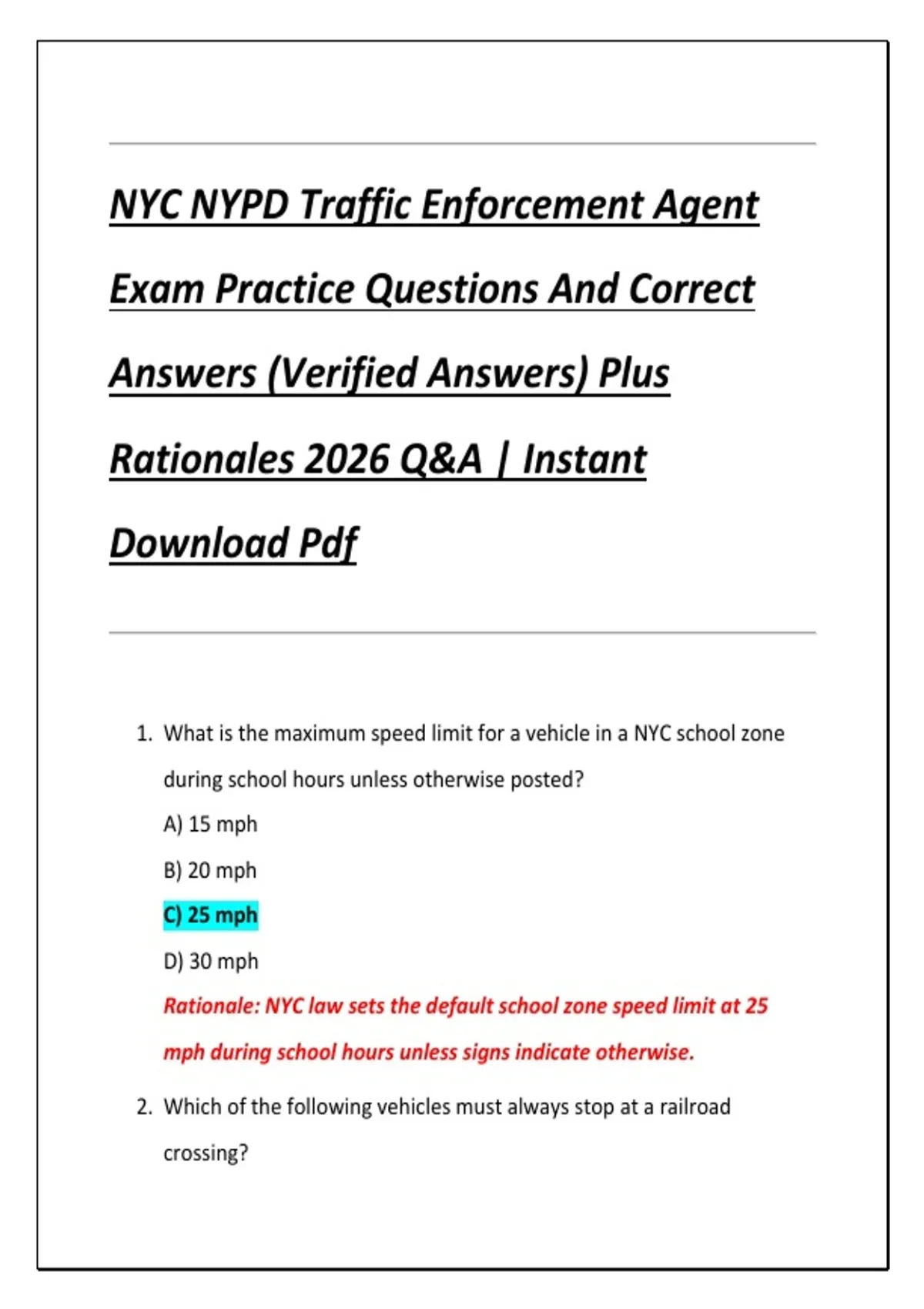 NYC NYPD Traffic Enforcement Agent Exam Practice Questions And Correct ...