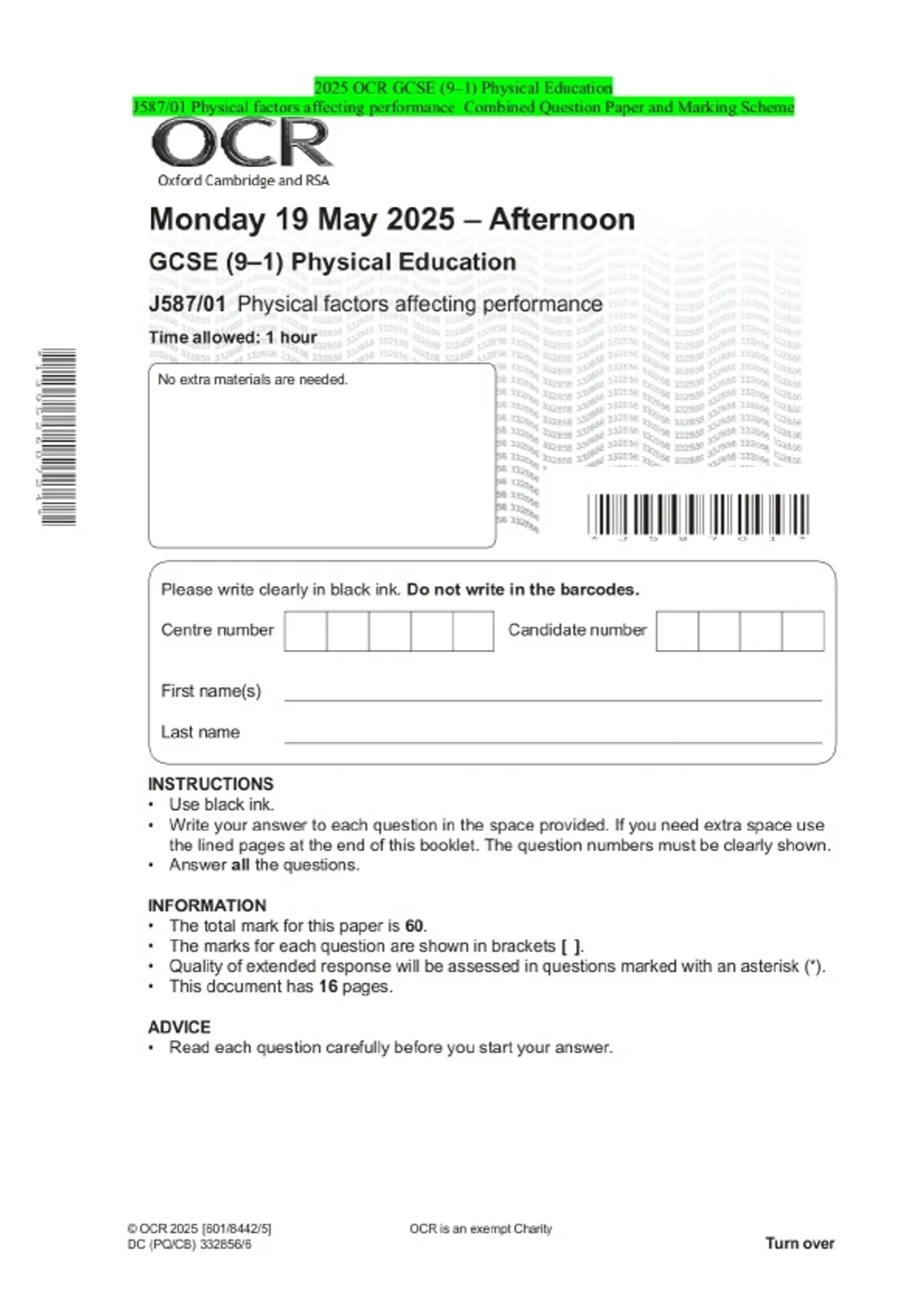 2025 OCR GCSE (9–1) Physical Education J587/01 Physical factors ...