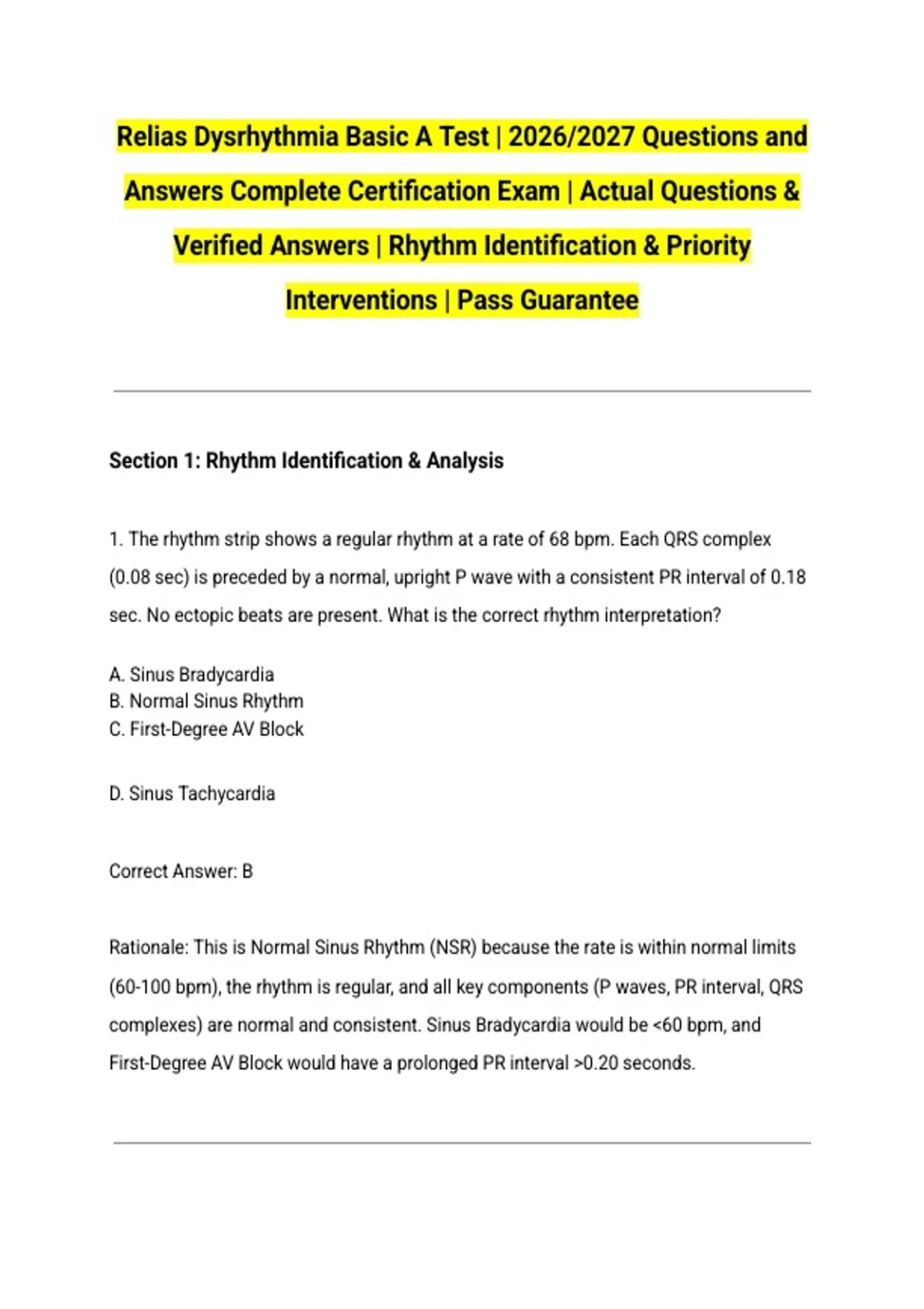 Relias Dysrhythmia Basic A Test | 2026/2027 Questions and Answers ...