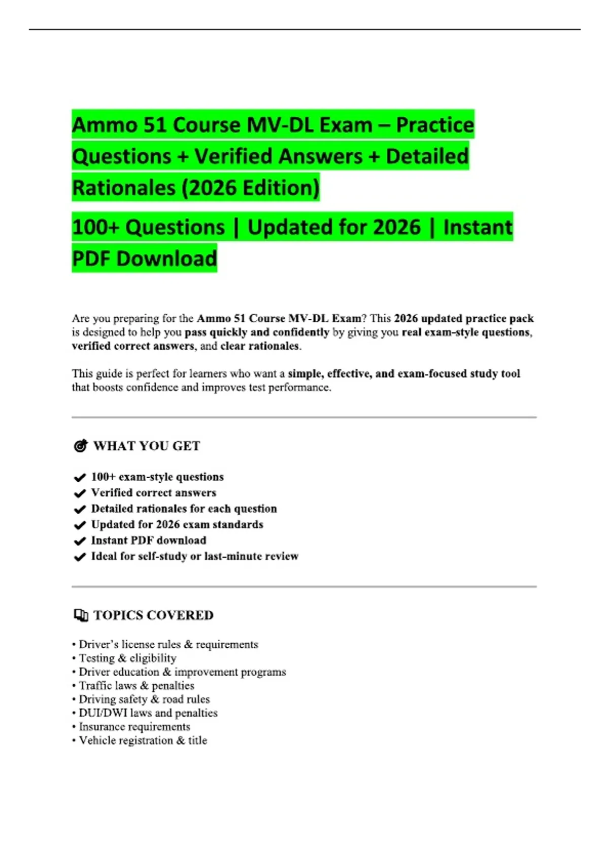 Ammo 51 Course MV-DL Exam – Practice Questions + Verified Answers ...