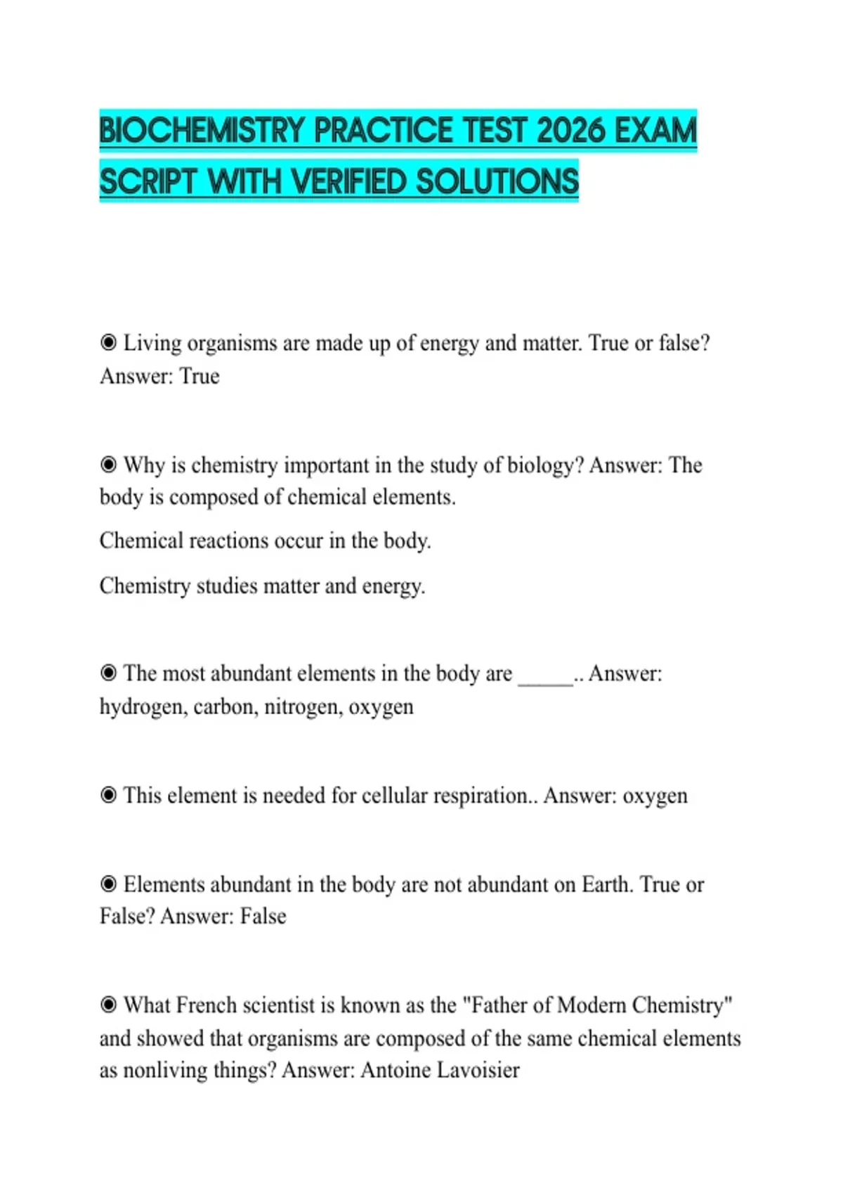 BIOCHEMISTRY PRACTICE TEST 2026 EXAM SCRIPT WITH VERIFIED SOLUTIONS ...